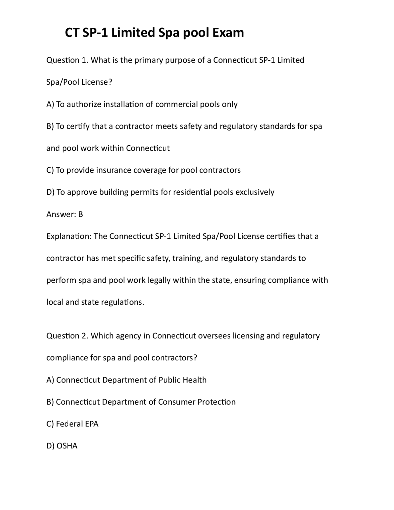 CT SP-1 Limited Spa pool Exam | Exams Technology | Docsity