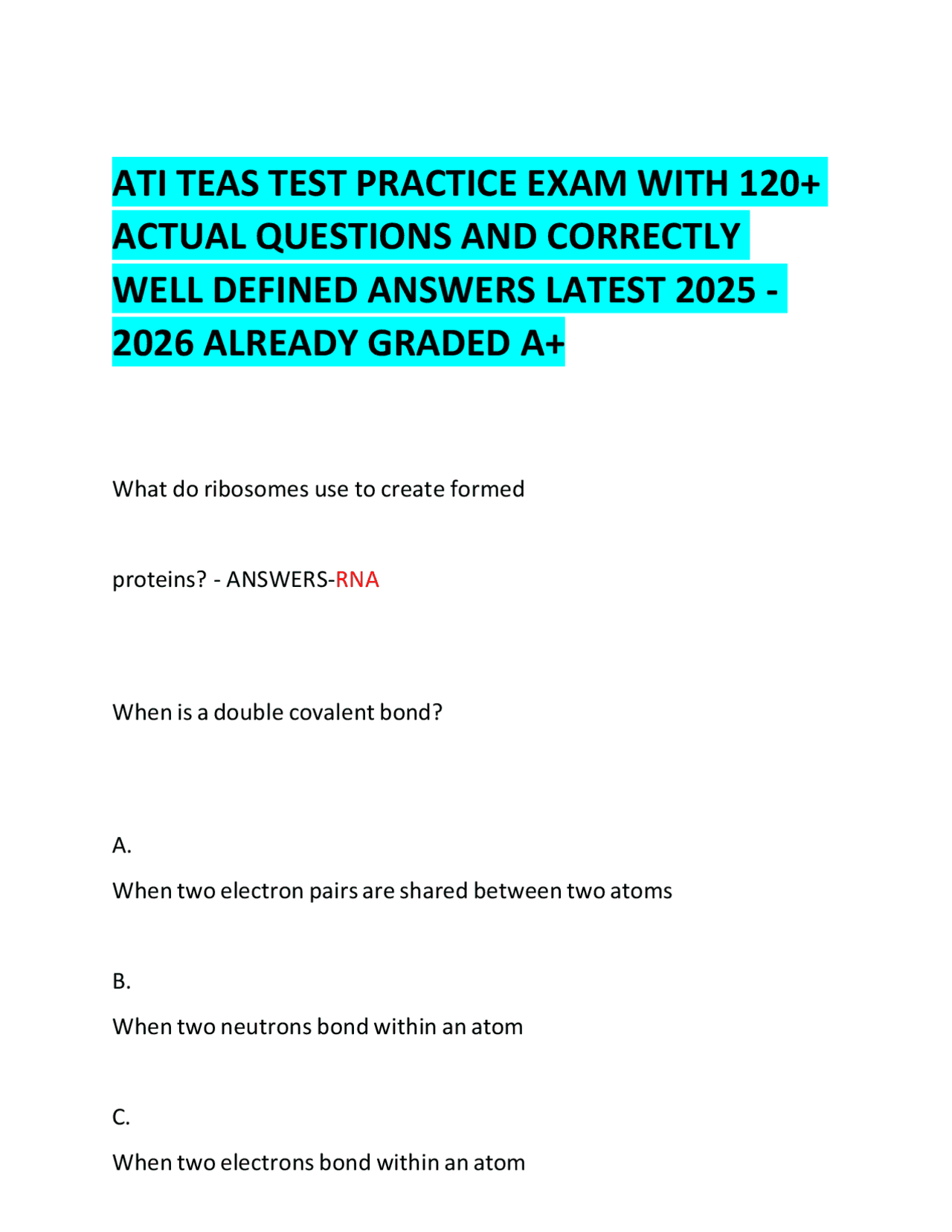 ATI TEAS TEST PRACTICE EXAM WITH 120+ ACTUAL QUESTIONS AND CORRECTLY ...