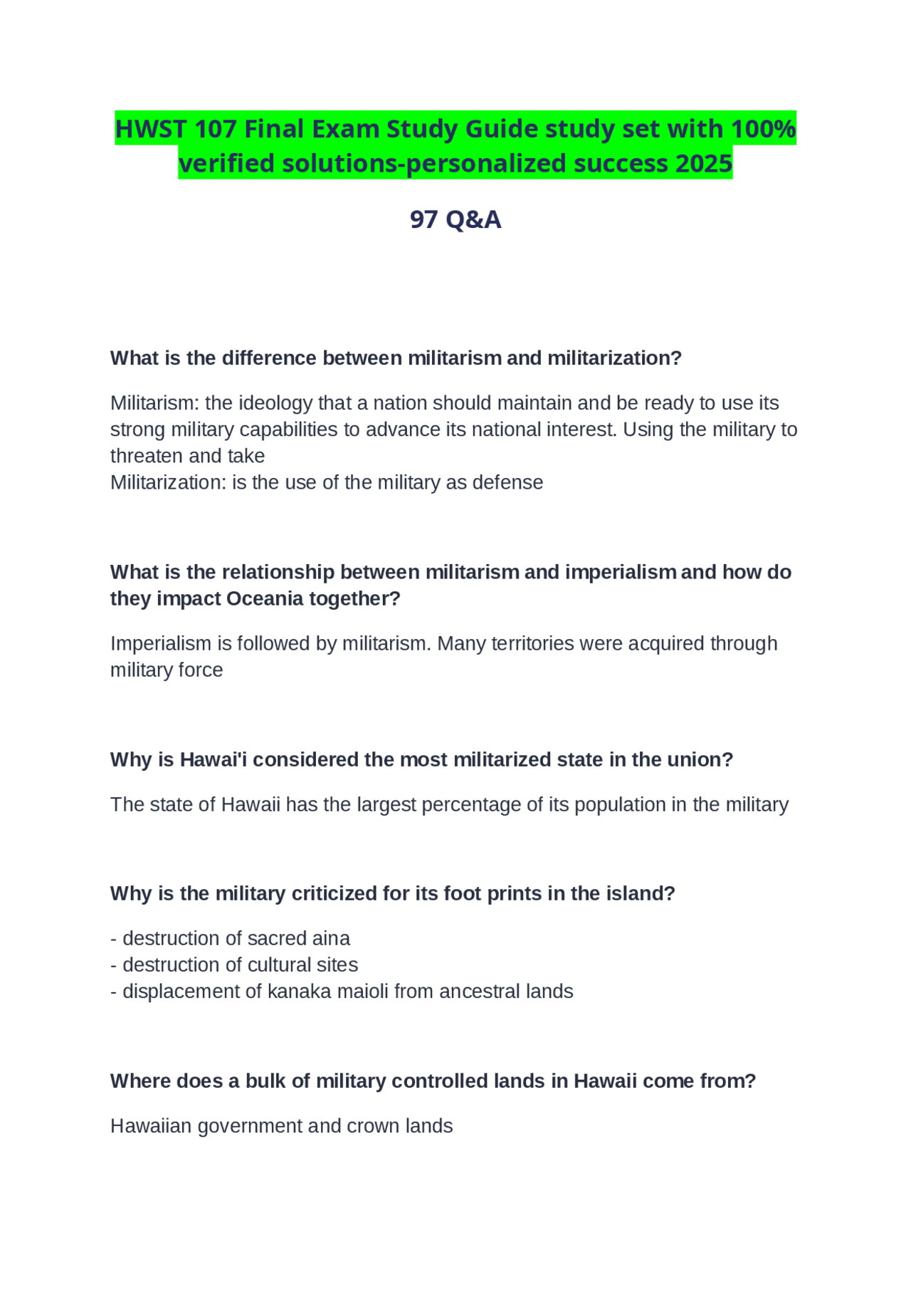 HWST 107 Final Exam Study Guide study set with 100% verified solutions ...