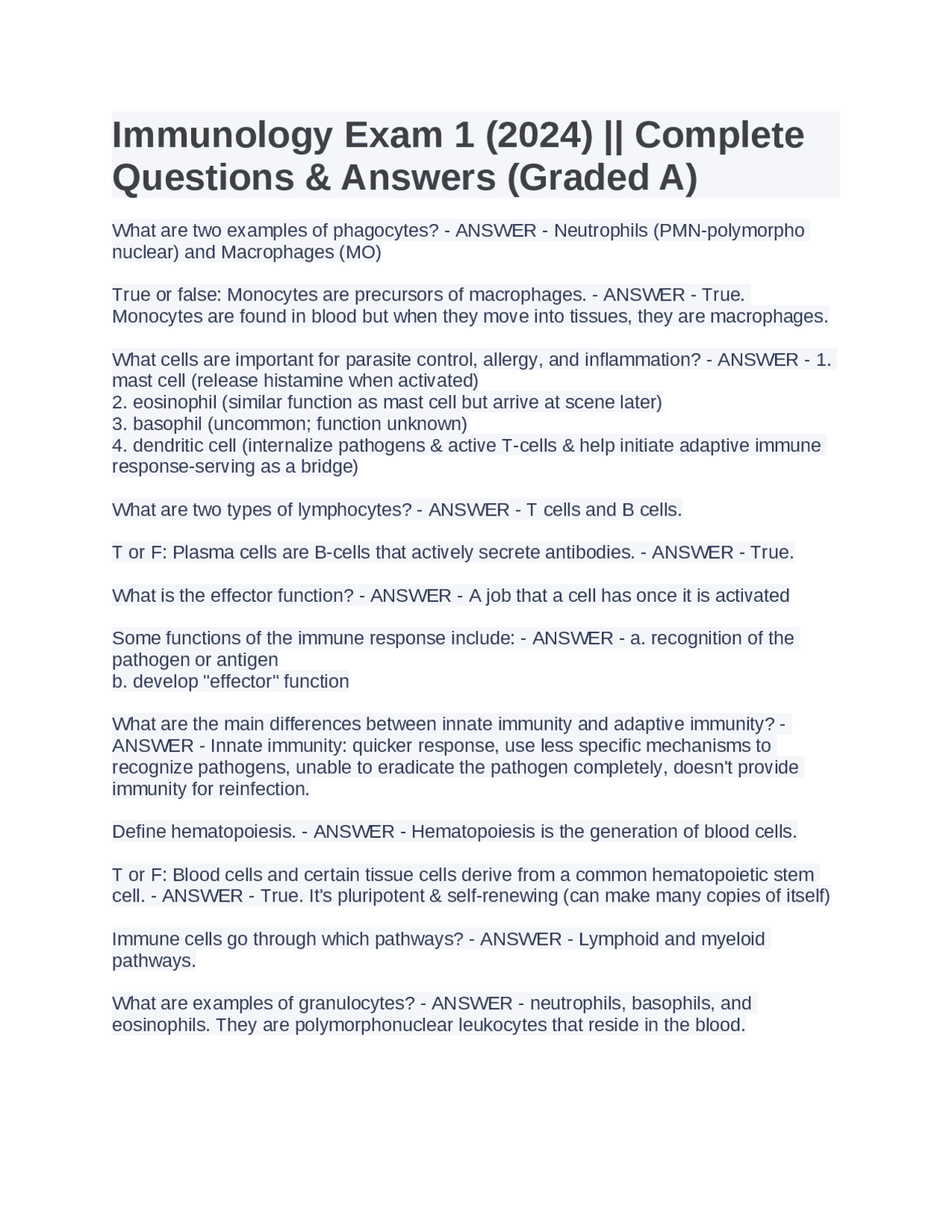 Immunology Exam 1 (2025) || Complete Questions & Answers (Graded A ...