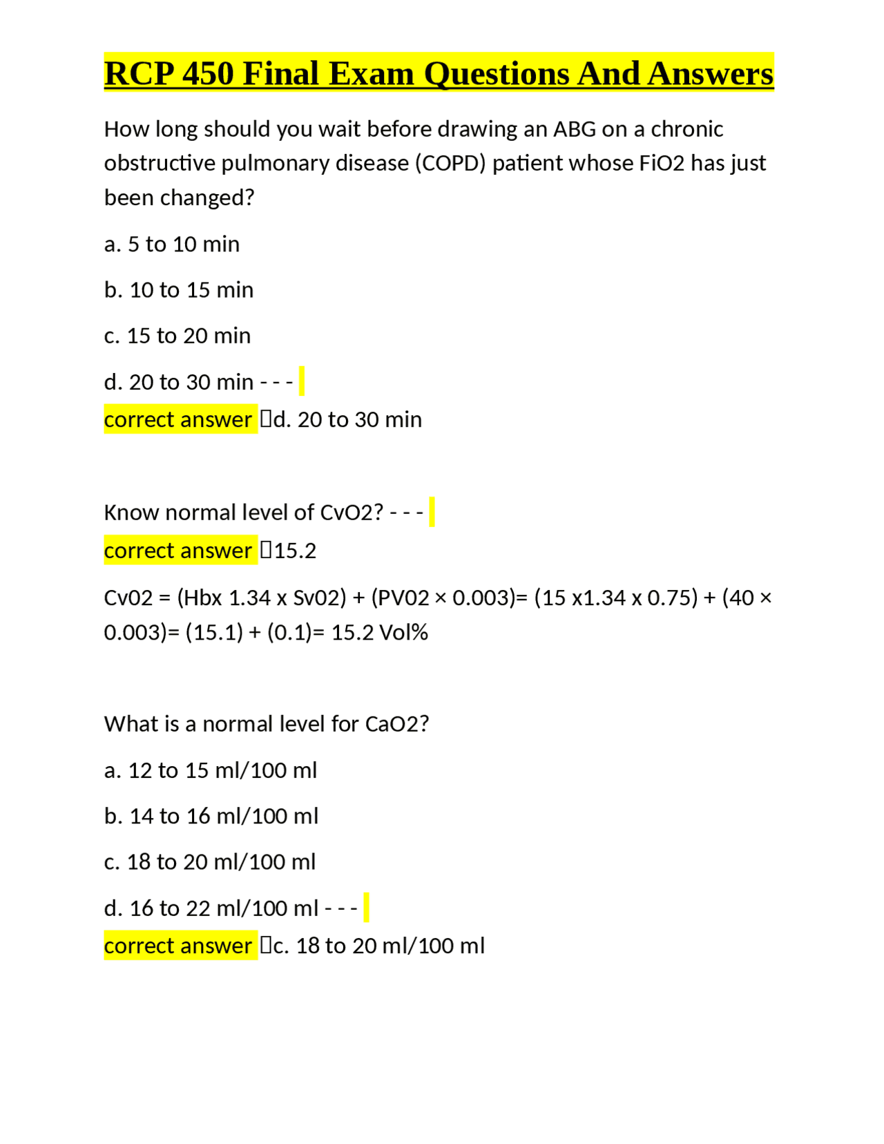 RCP 450 Final Exam: Respiratory Therapy Questions and Answers | Exams ...