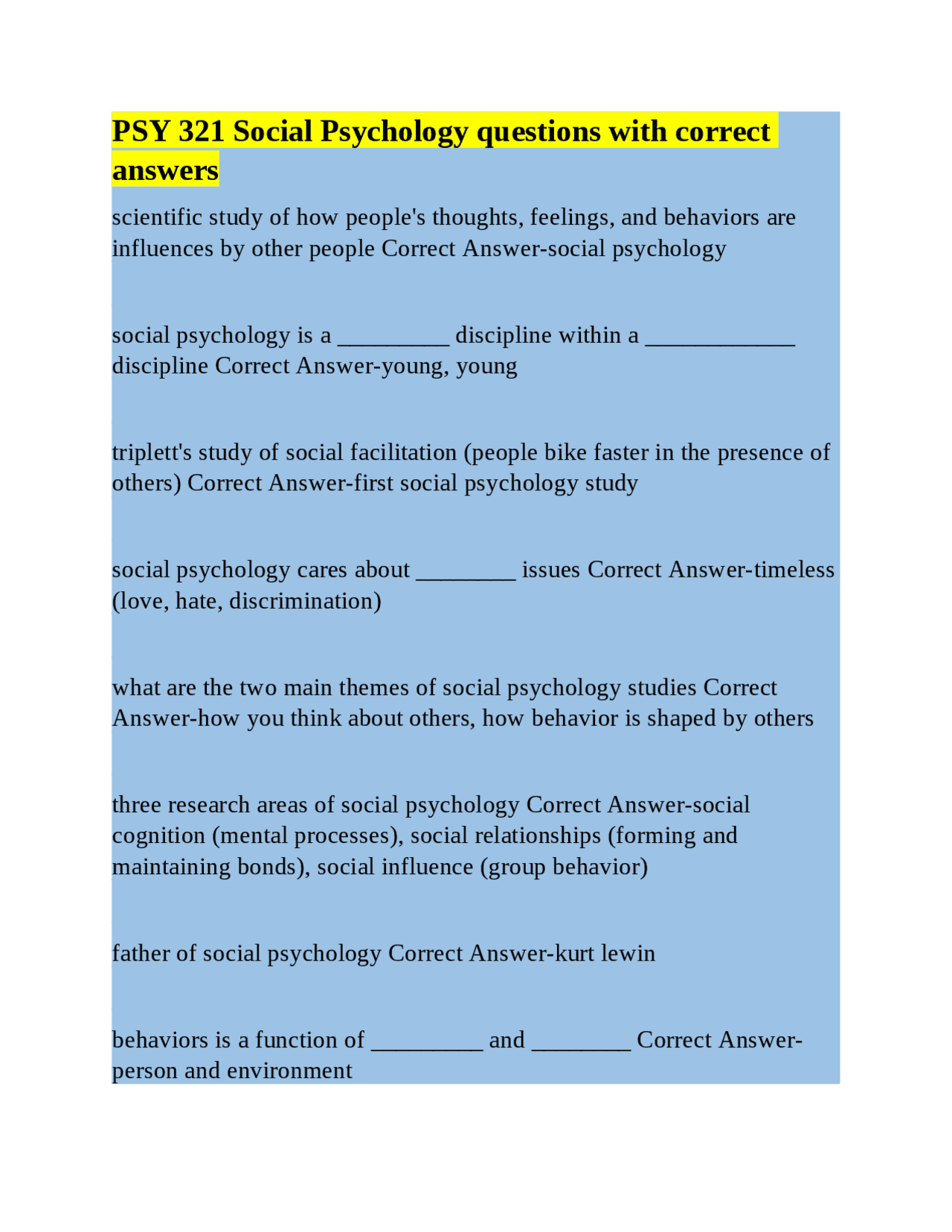 PSY 321 Social Psychology questions with correct answers | Exams ...