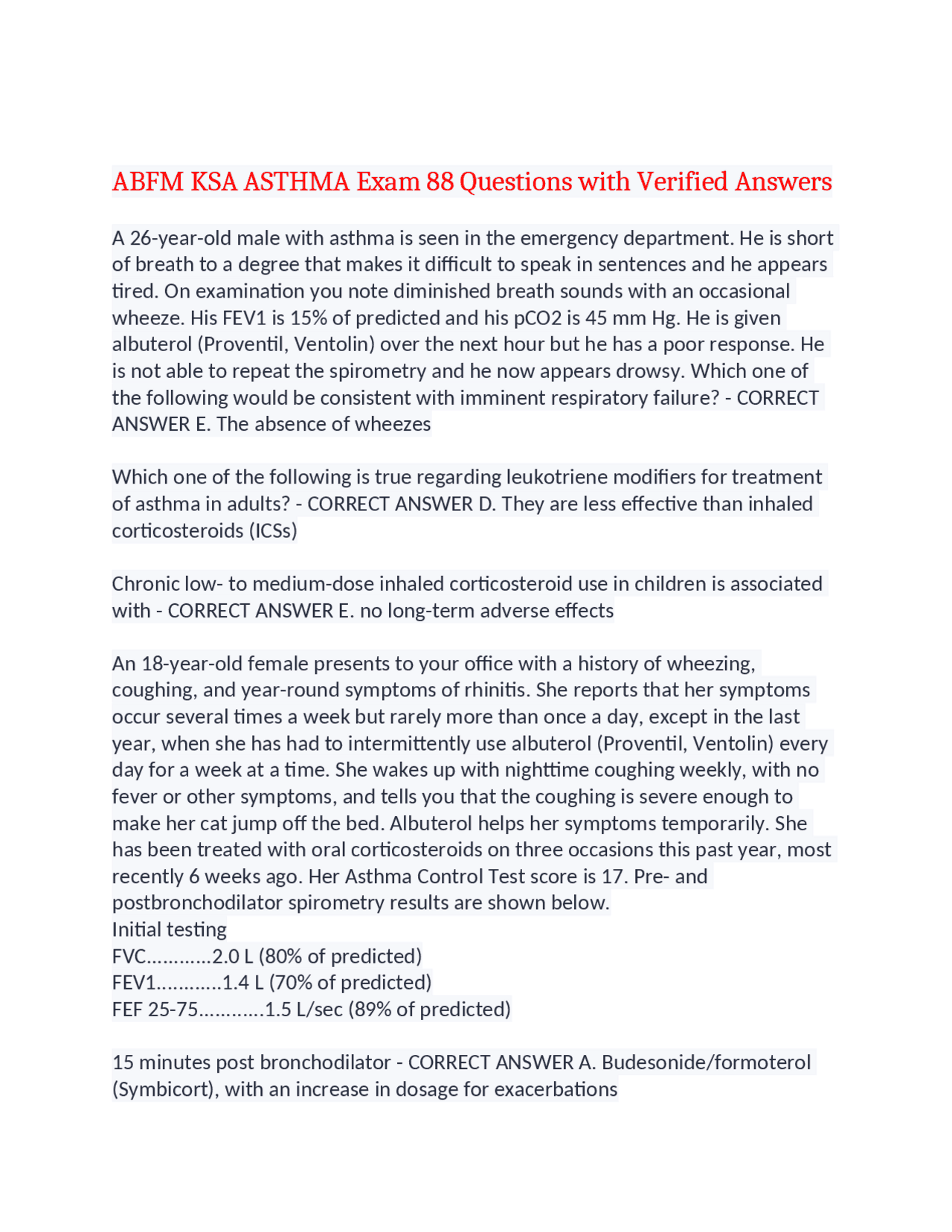 ABFM KSA ASTHMA Exam 88 Questions with Verified Answers,100%CORRECT ...