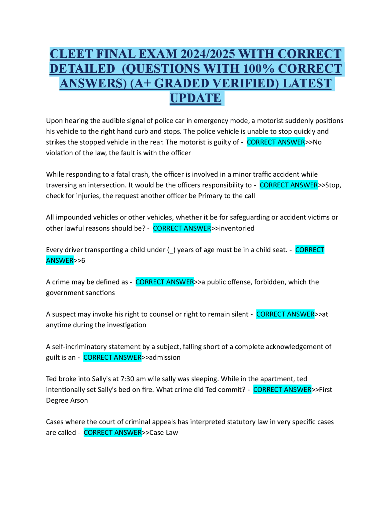 CLEET FINAL EXAM 2024/2025 WITH CORRECT DETAILED (QUESTIONS WITH 100% ...