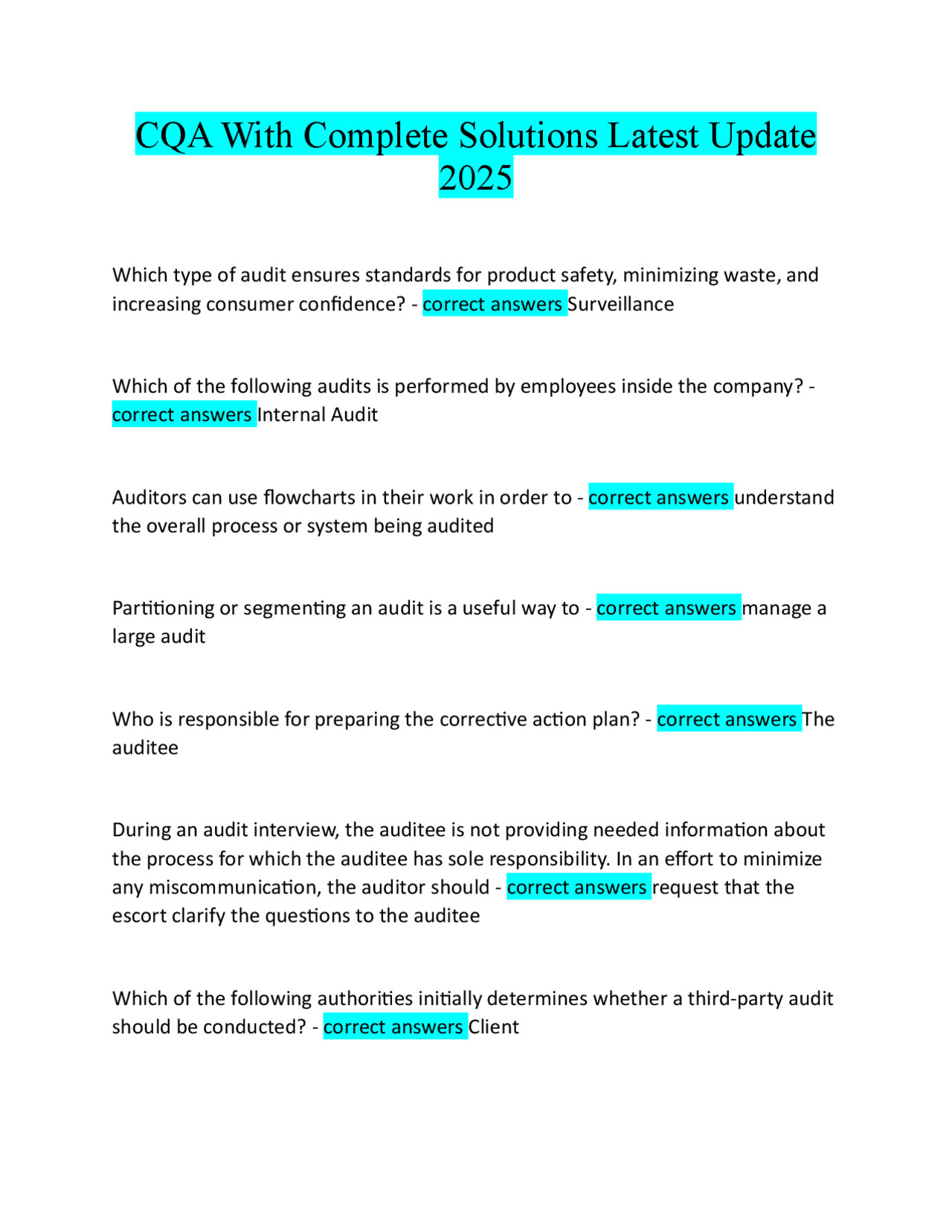 CQA With Complete Solutions Latest Update 2025. | Exams Nursing | Docsity