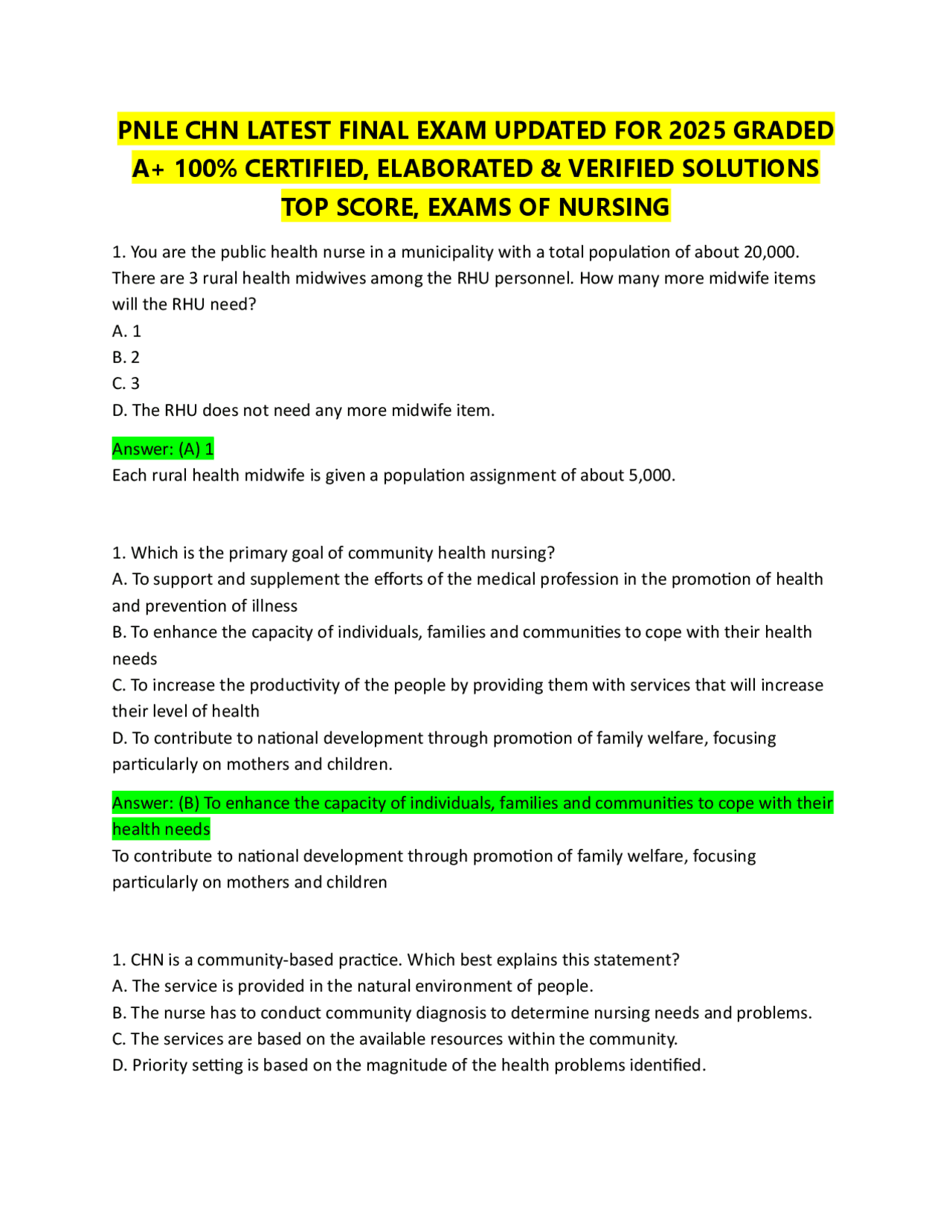 PNLE CHN LATEST FINAL EXAM UPDATED FOR 2025 GRADED A+ 100% CERTIFIED ...