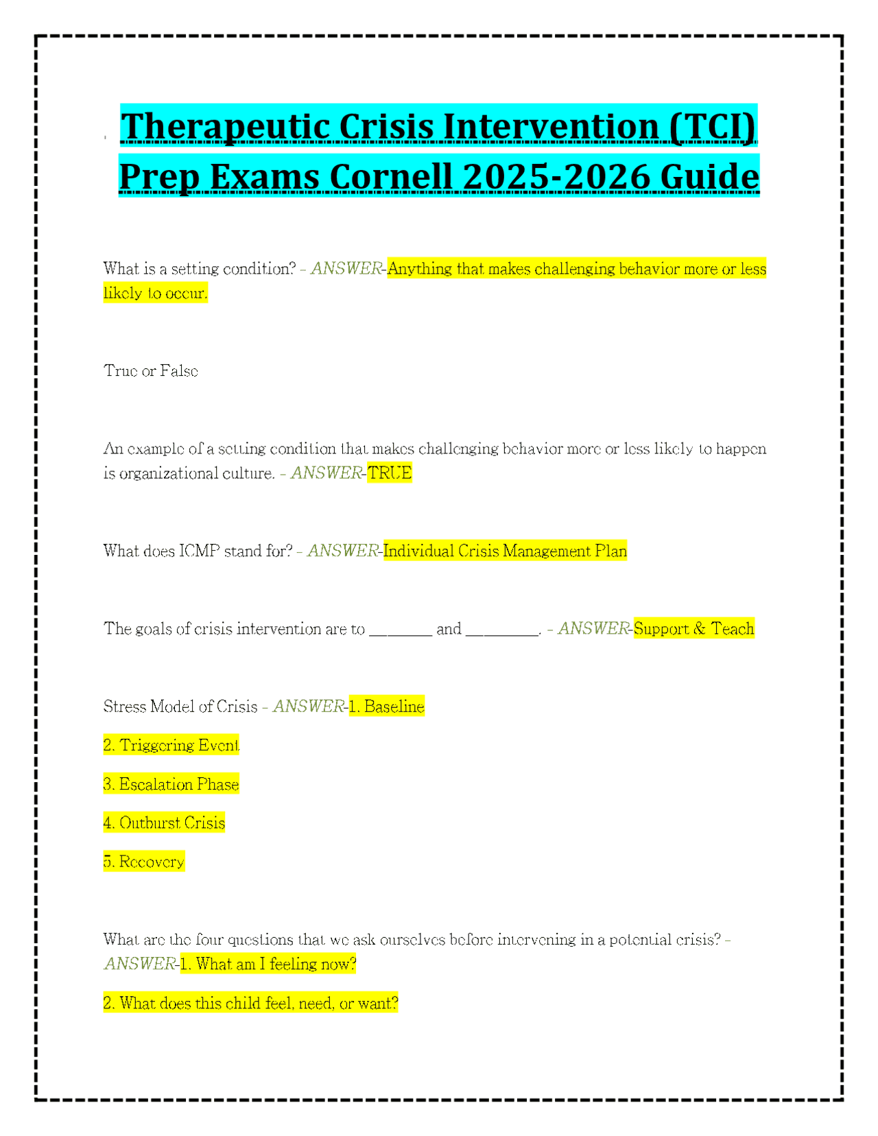 Therapeutic Crisis Intervention (TCI) Prep Exams Cornell 2025-2026 ...