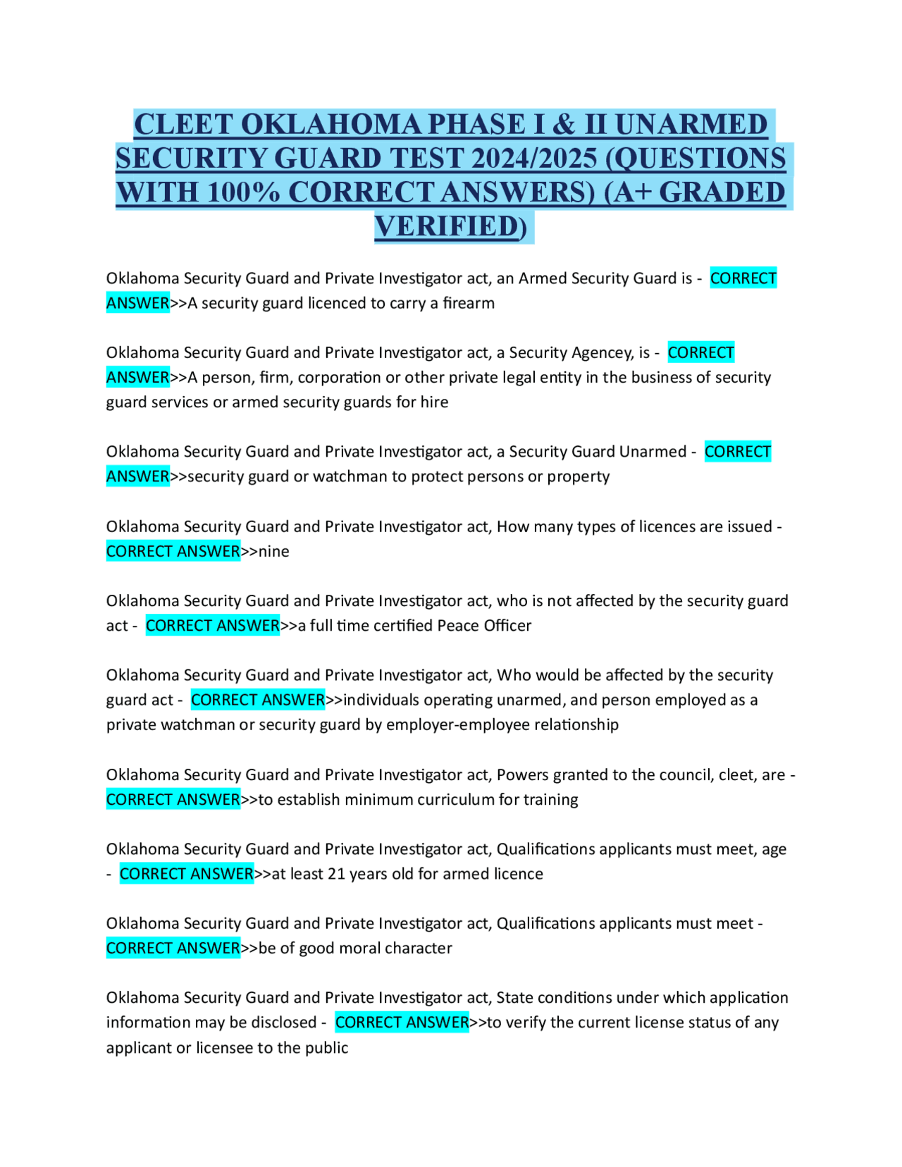 CLEET OKLAHOMA PHASE I & II UNARMED SECURITY GUARD TEST 2024/2025 ...