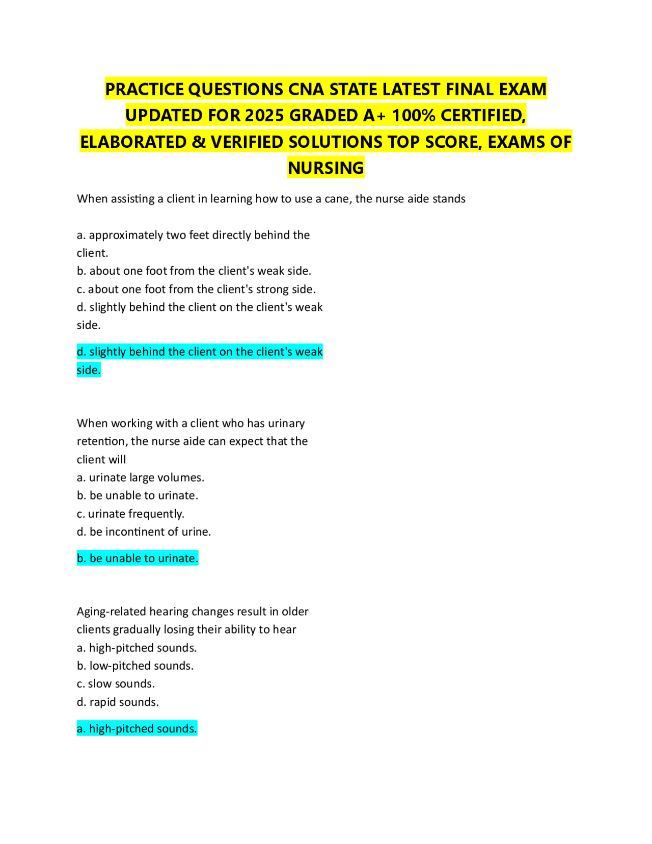 PRACTICE QUESTIONS CNA STATE LATEST FINAL EXAM UPDATED FOR 2025 GRADED ...