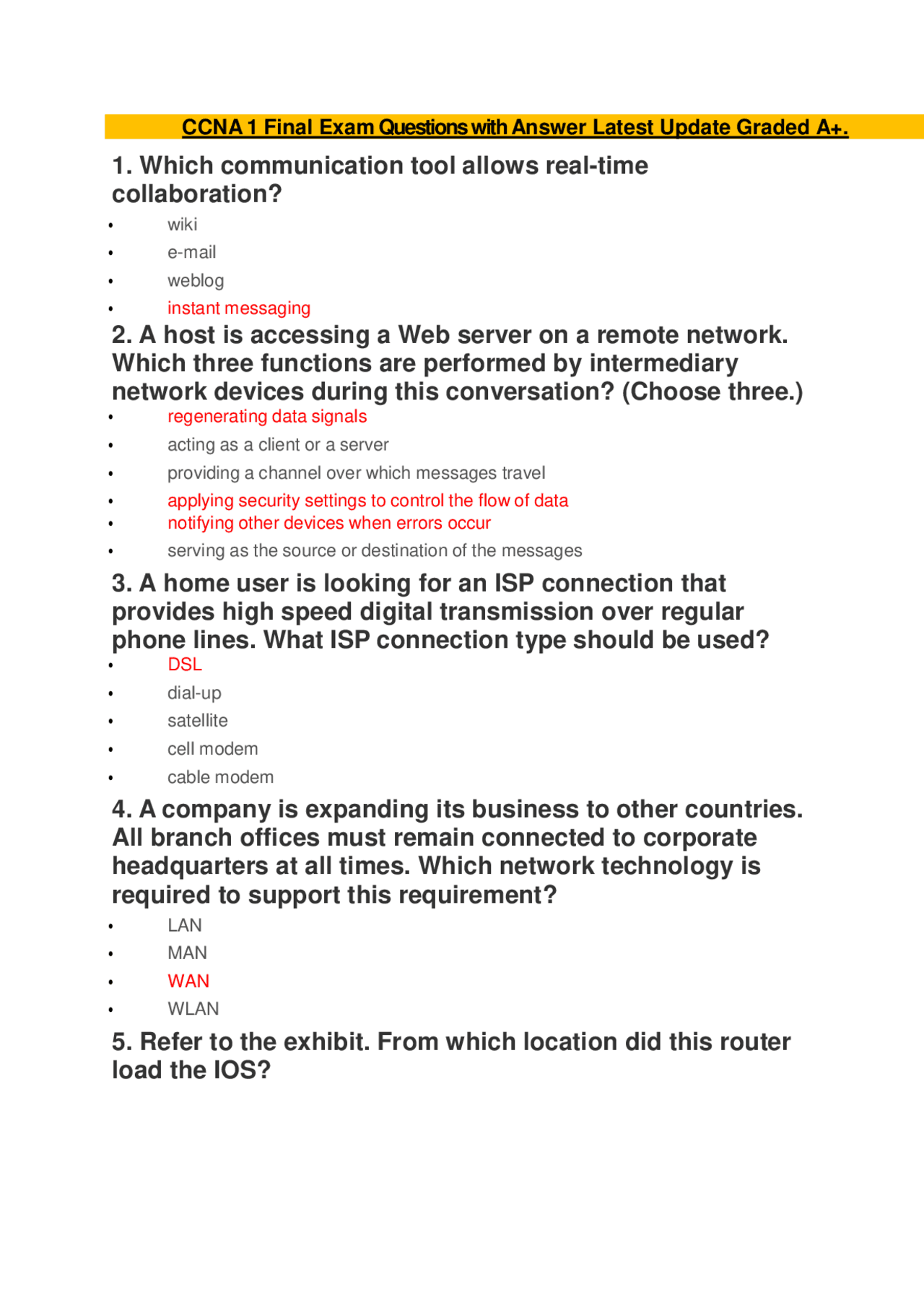 Ccna 1 Final Exam Questions With Answer Latest Update Graded A Exams Nursing Docsity
