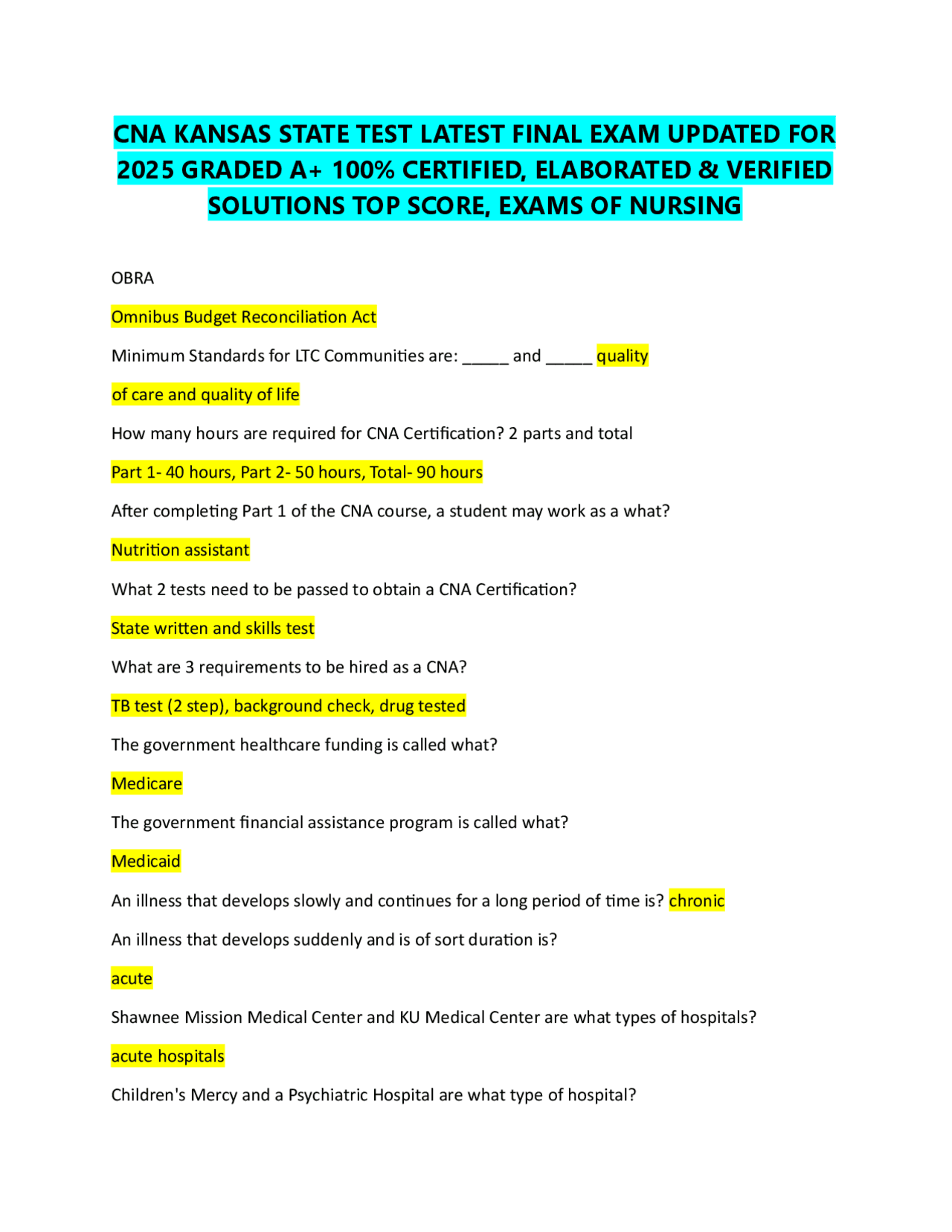 CNA KANSAS STATE TEST LATEST FINAL EXAM UPDATED FOR 2025 GRADED A+ 100% ...