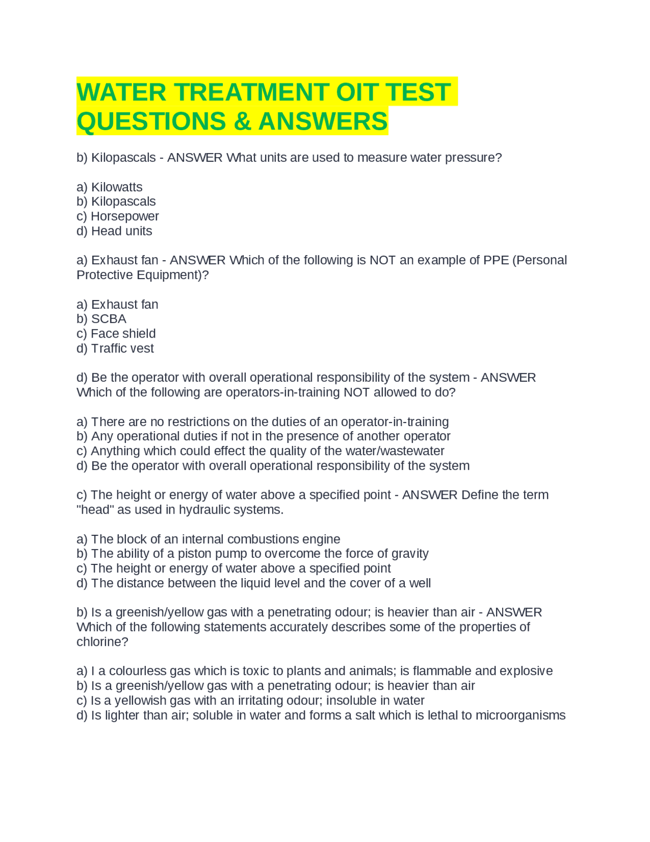 WATER TREATMENT OIT TEST QUESTIONS & ANSWERS | Exams Water and ...
