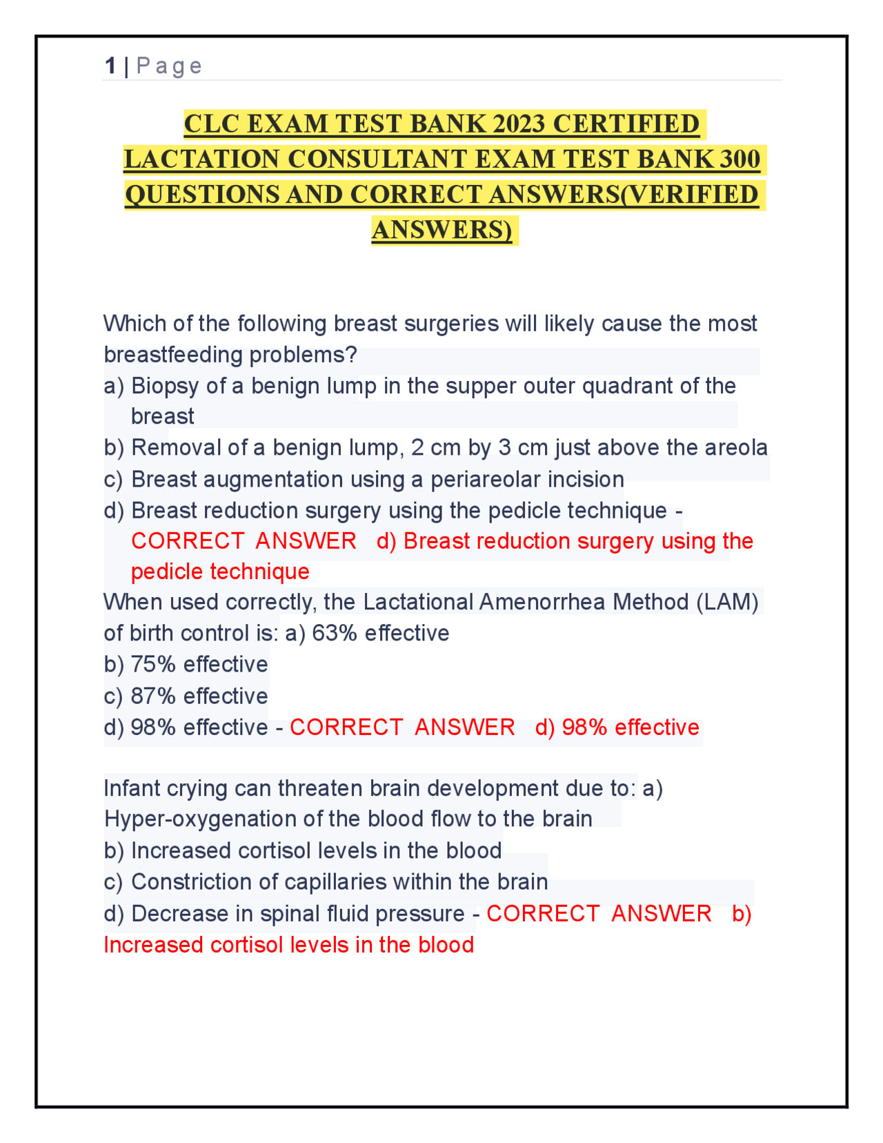 CLC EXAM TEST BANK 2023 CERTIFIED LACTATION CONSULTANT EXAM TEST BANK ...