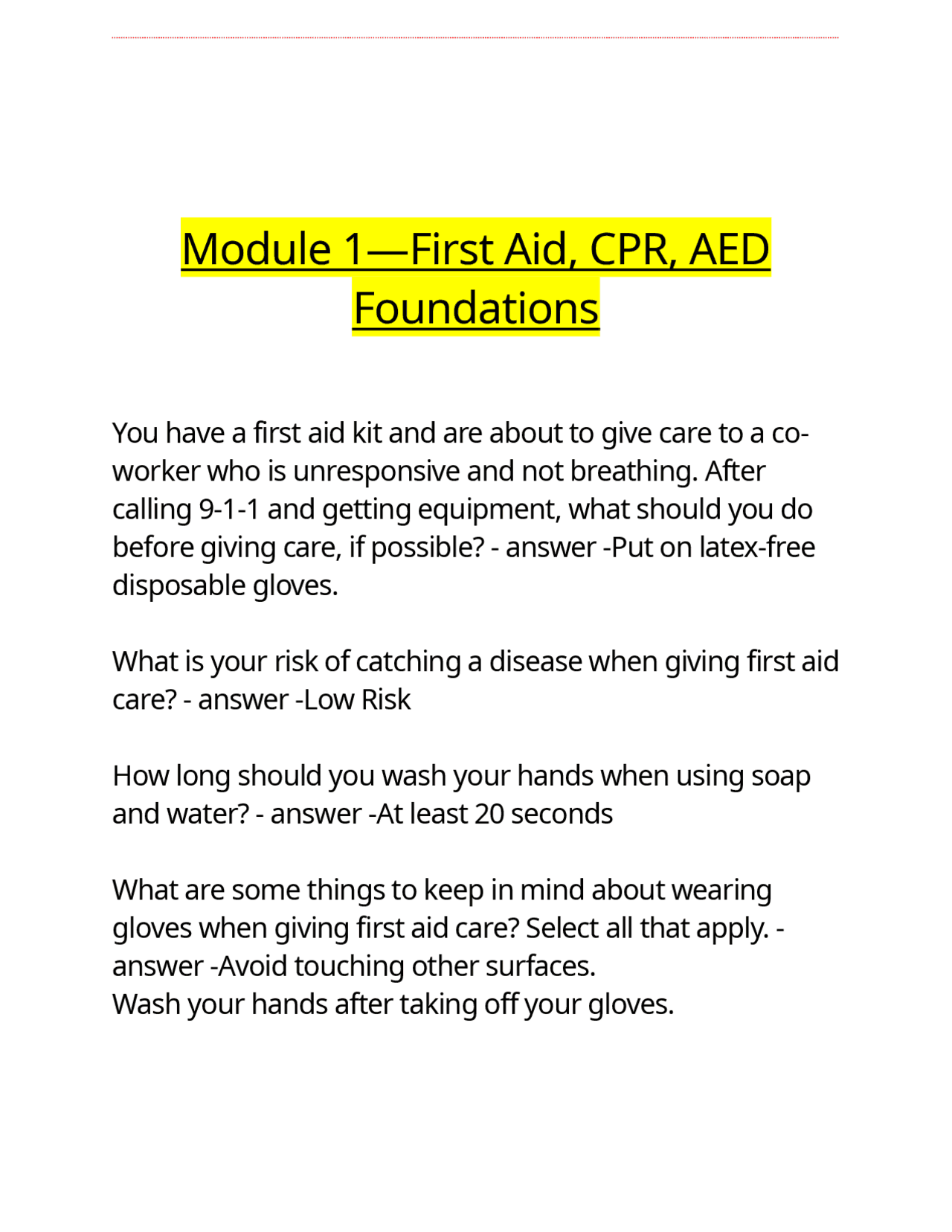 Module 1—First Aid, CPR, AED Foundations.docx | Exams Nursing | Docsity