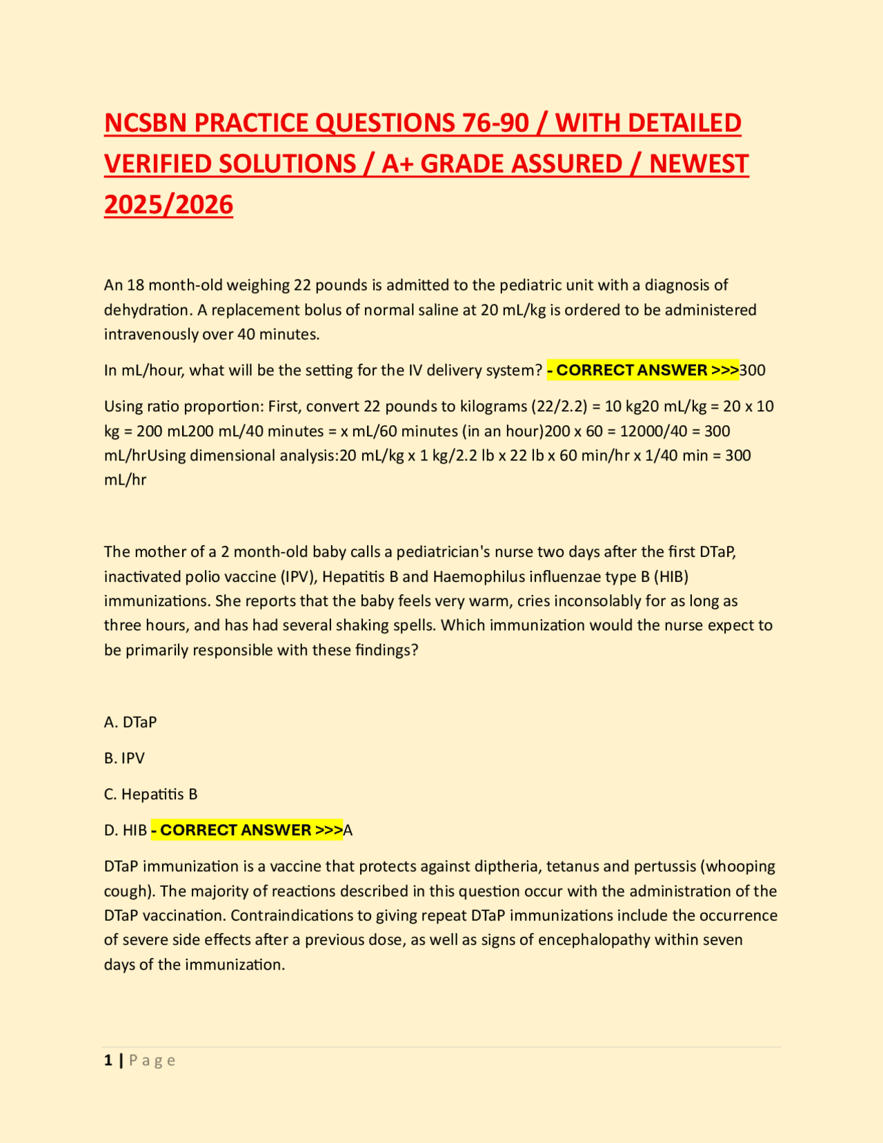 NCSBN PRACTICE QUESTIONS 76-90 / WITH DETAILED VERIFIED SOLUTIONS / A+ GRADE ASSURED | Exams ...