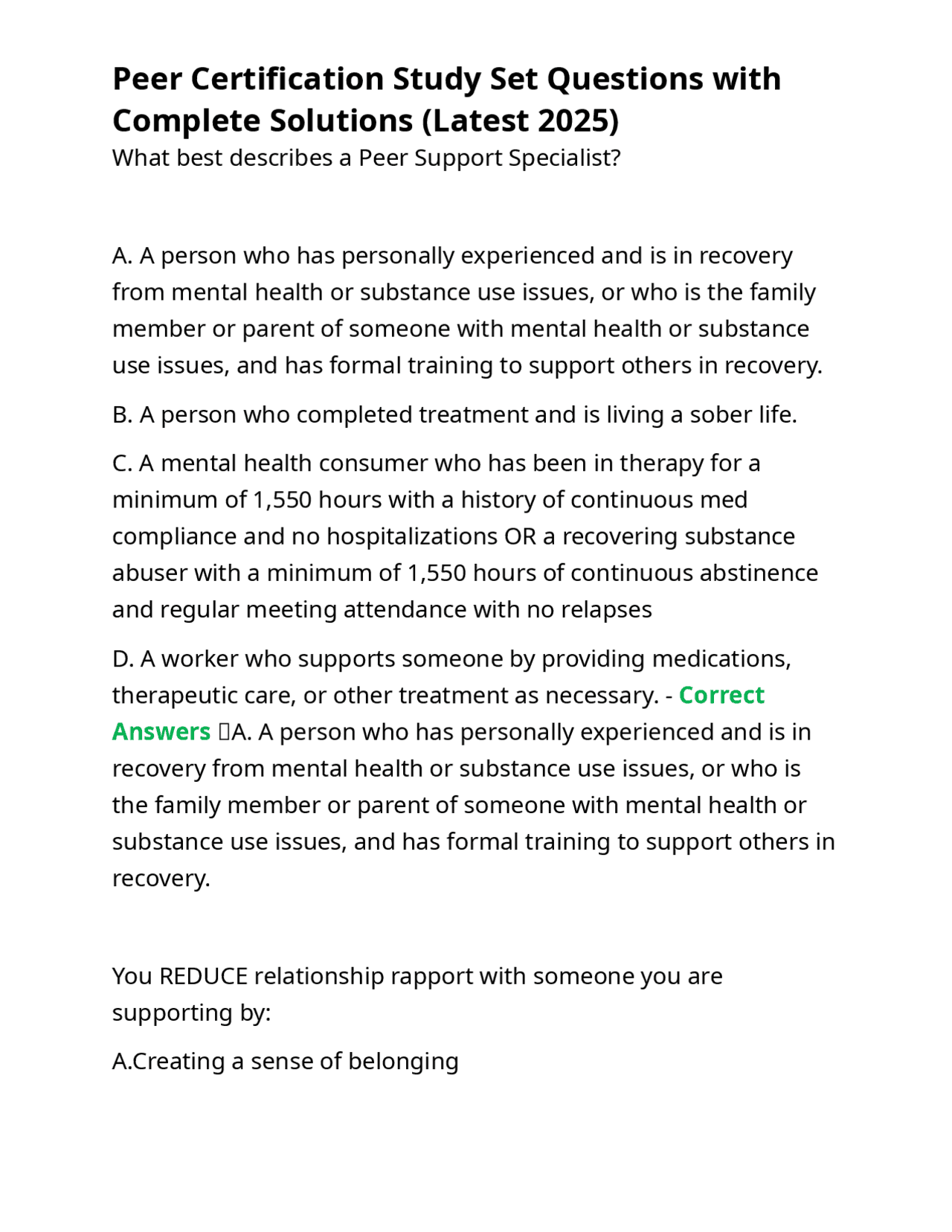 Peer Support Specialist Certification Exam Questions and Solutions ...