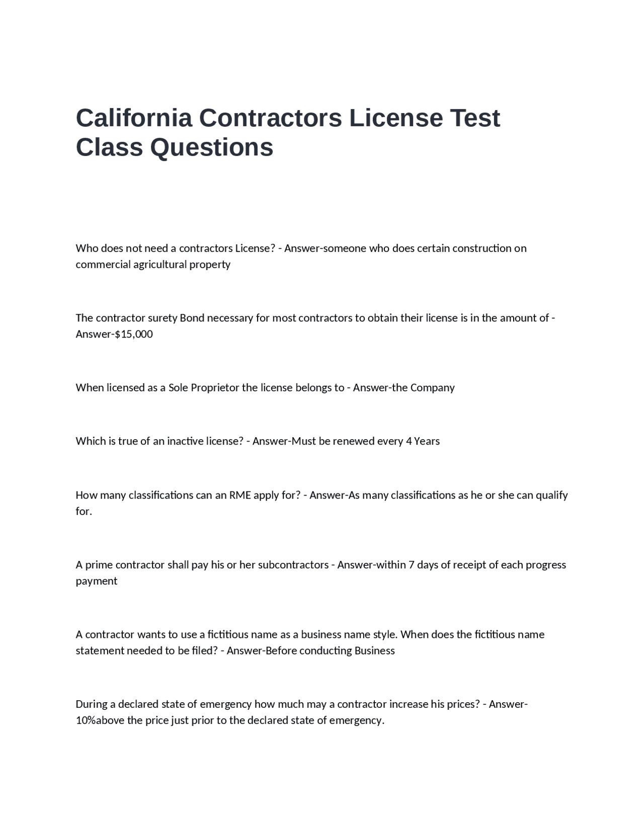California Contractors License Exam Questions and Answers | Exams ...