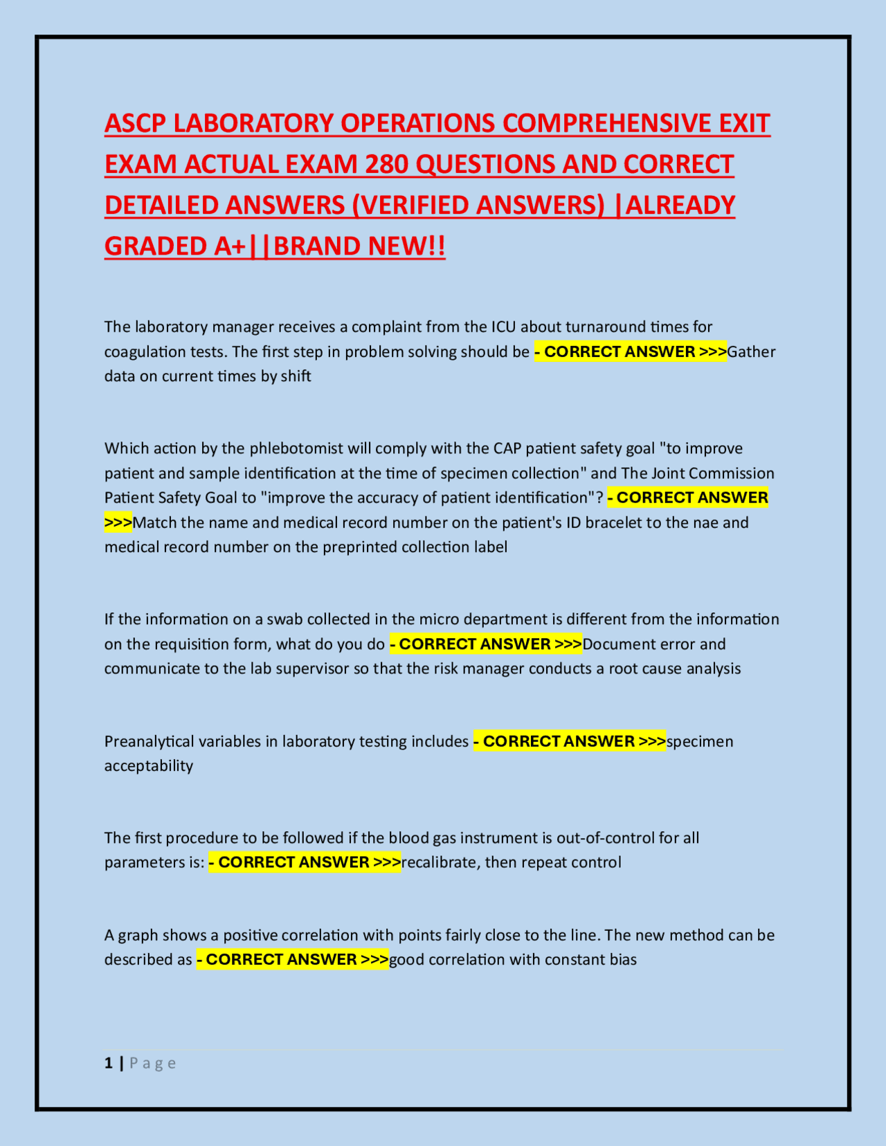 ASCP LABORATORY OPERATIONS COMPREHENSIVE EXIT EXAM ACTUAL EXAM 280 QUESTIONS AND ANSWERS | Exams ...