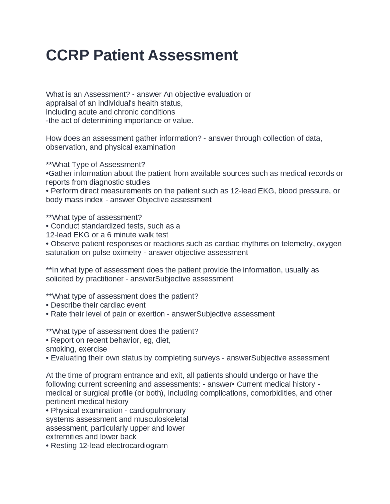 CCRP Patient Assessment Questions and Answers 100% Correct | Exams ...