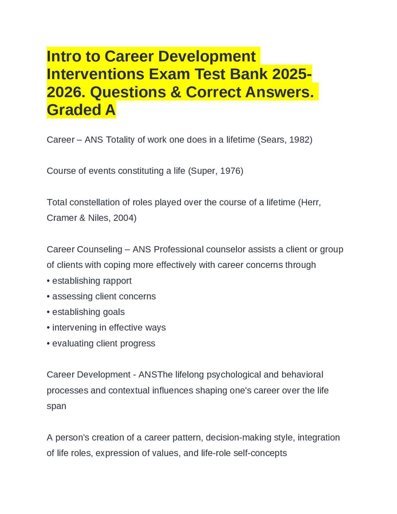 Career Development Interventions: Exam Test Bank & Key Concepts | Exams ...