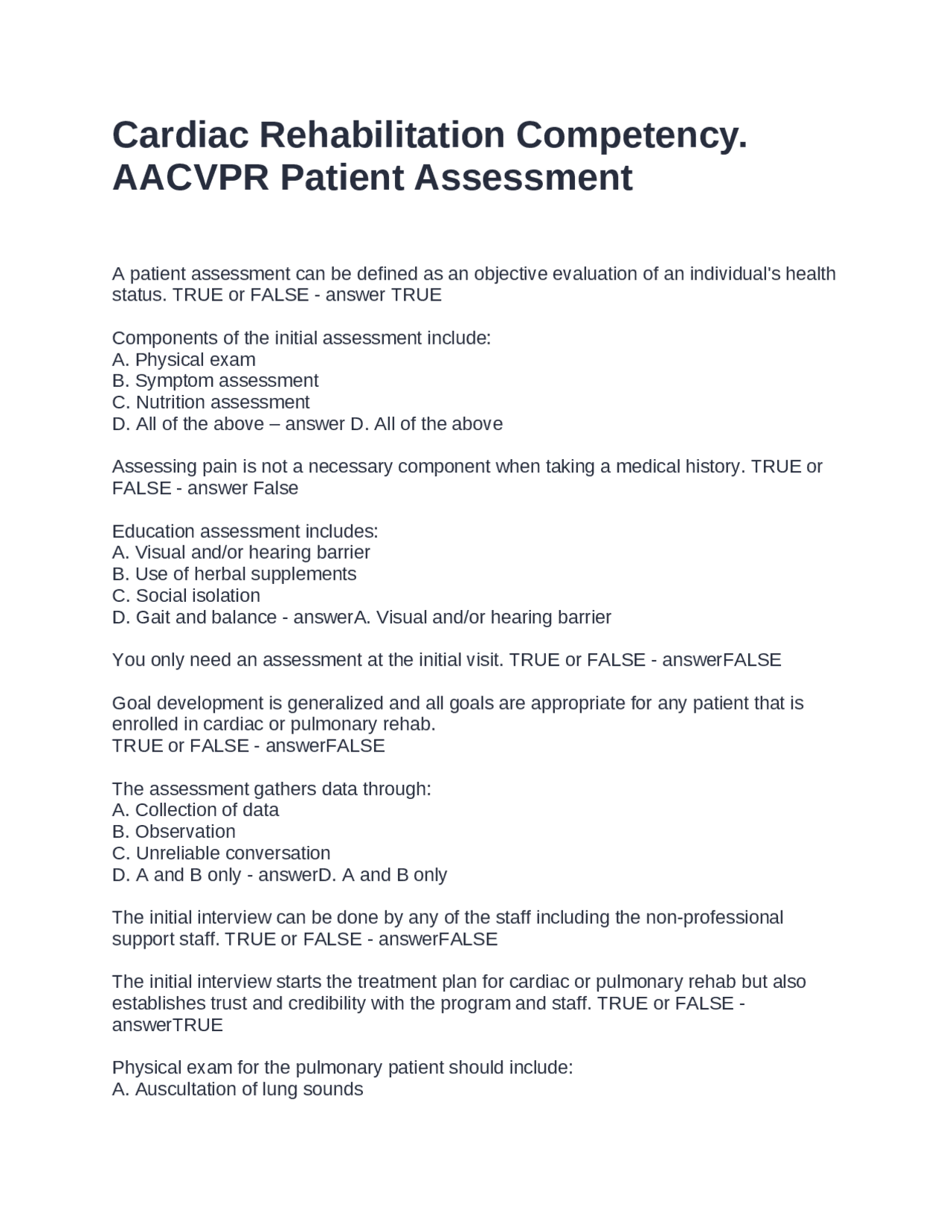 Cardiac Rehabilitation Competency. AACVPR Patient Assessment. Questions ...