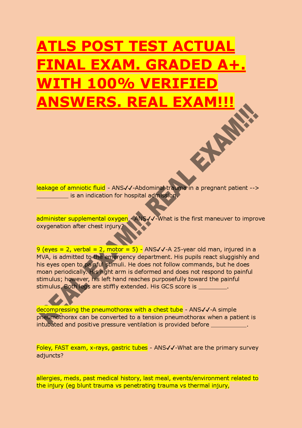 ATLS POST TEST ACTUAL FINAL EXAM. GRADED A+. WITH 100% VERIFIED ANSWERS ...