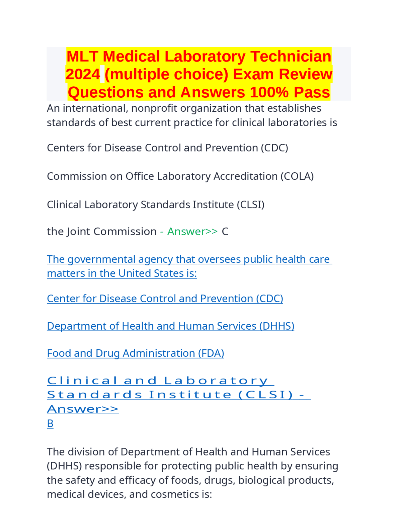 MLT Medical Laboratory Technician 2024(multiple choice) Exam Review ...