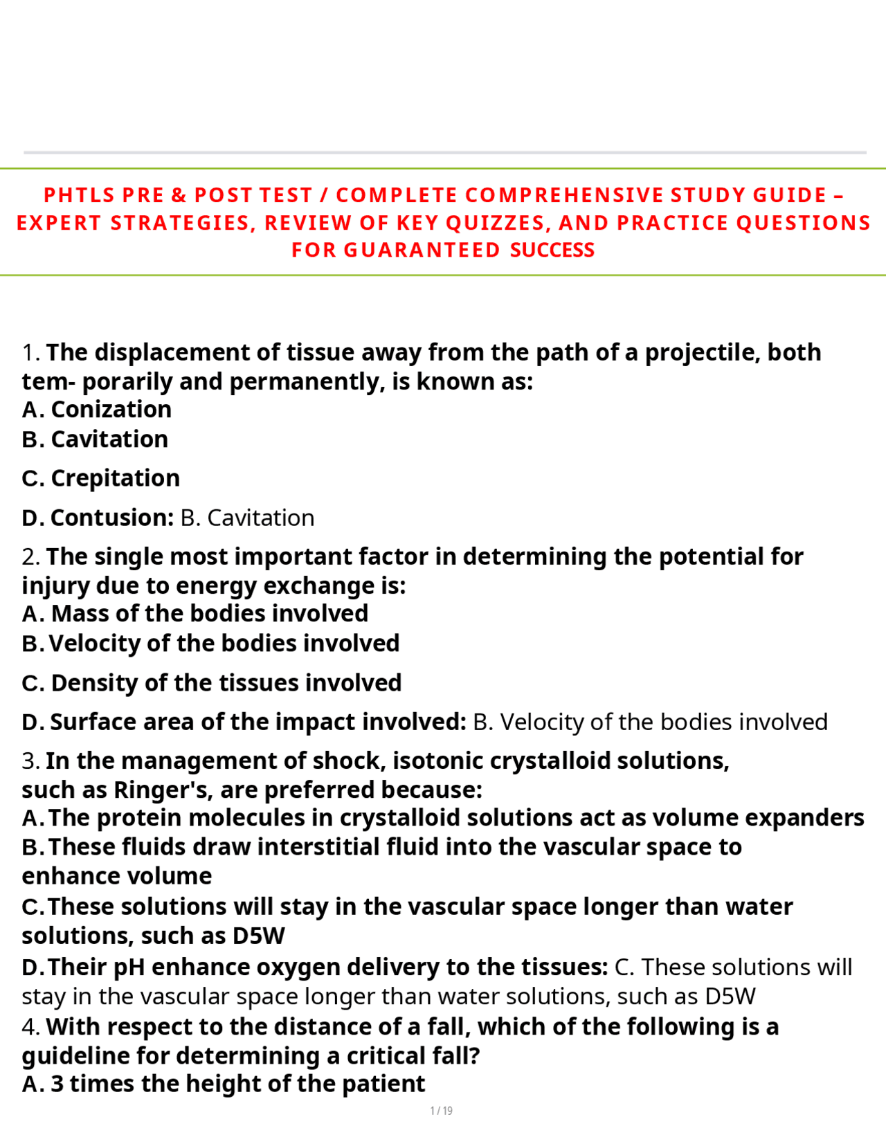 PHTLS PRE & POST TEST / COMPLETE COMPREHENSIVE STUDY GUIDE – EXPERT ...