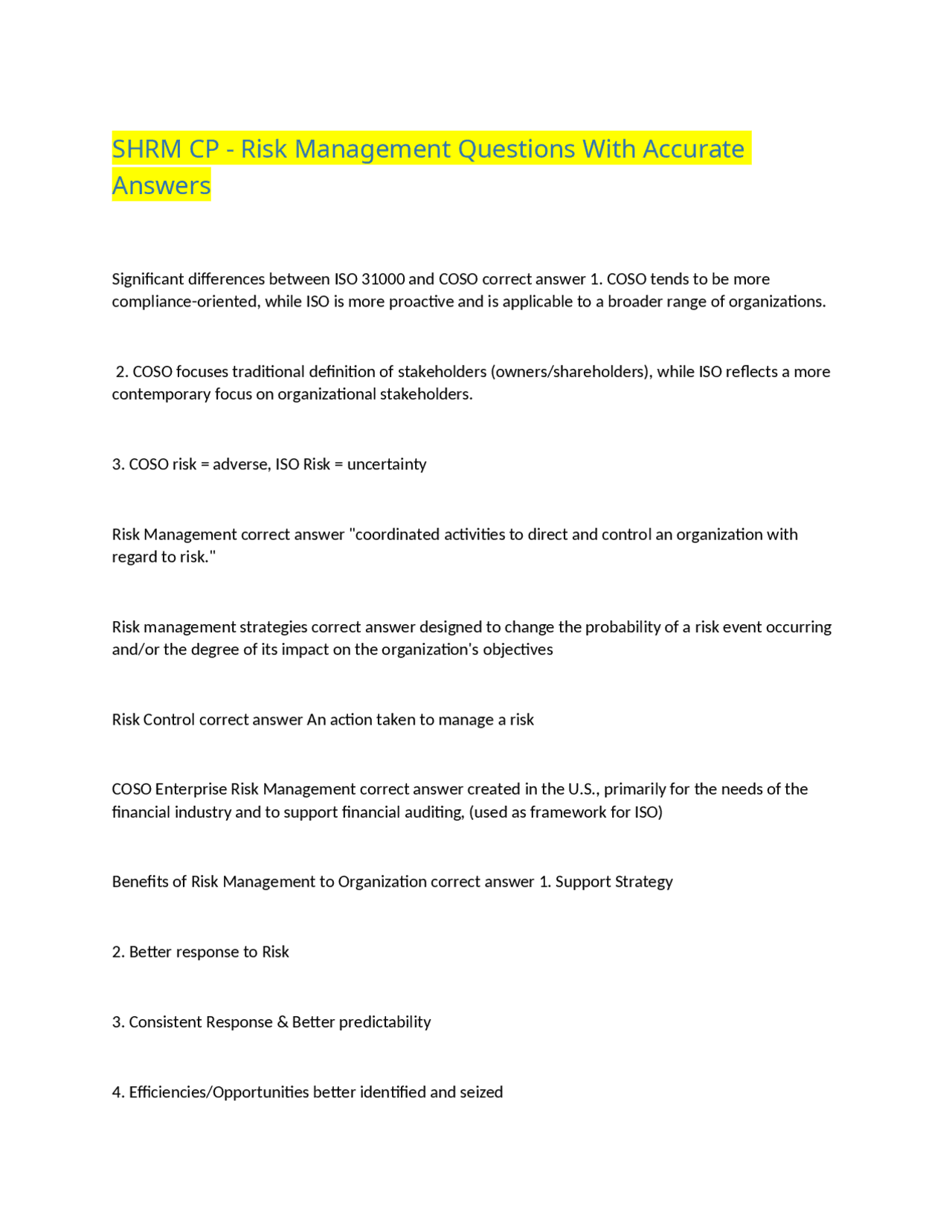 SHRM CP - Risk Management Questions With Accurate Answers | Exams ...
