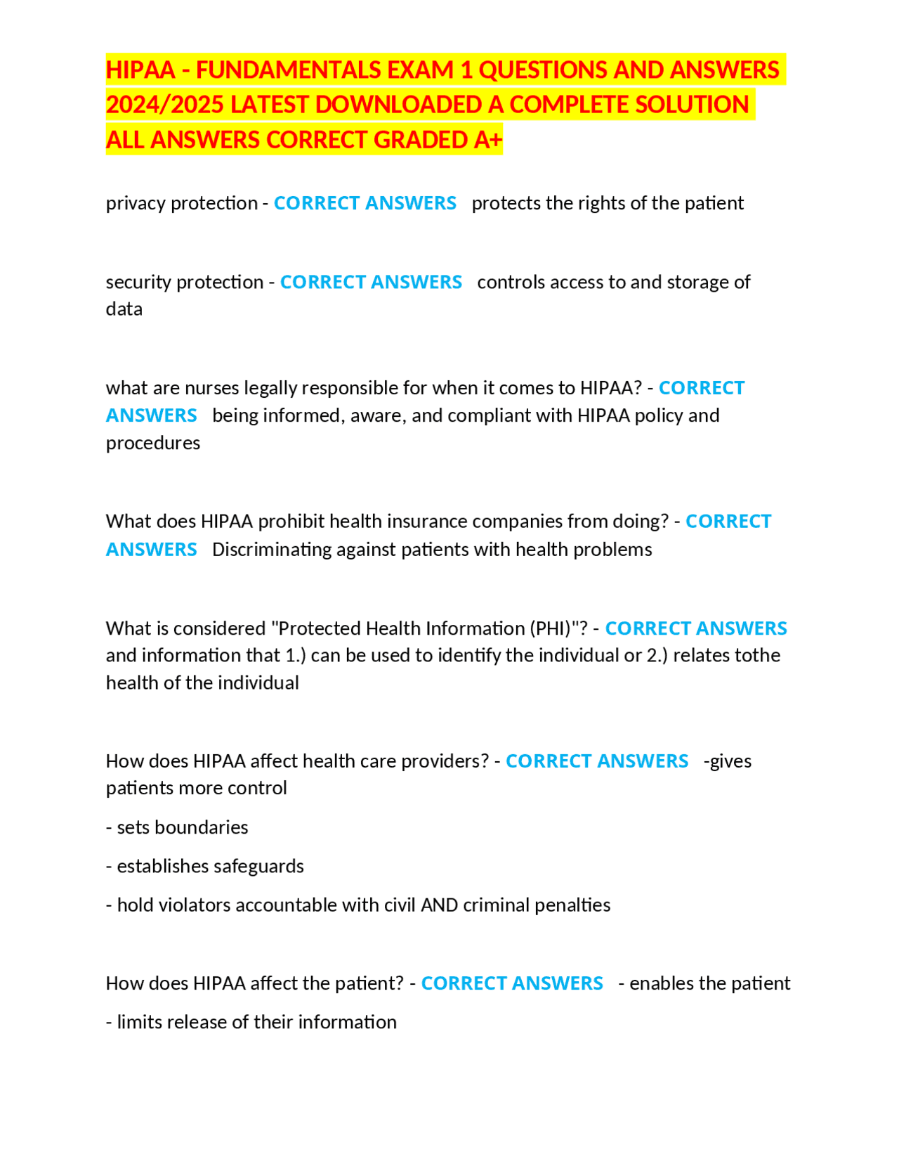 HIPAA - FUNDAMENTALS EXAM 1 QUESTIONS AND ANSWERS 2024/2025 LATEST ...