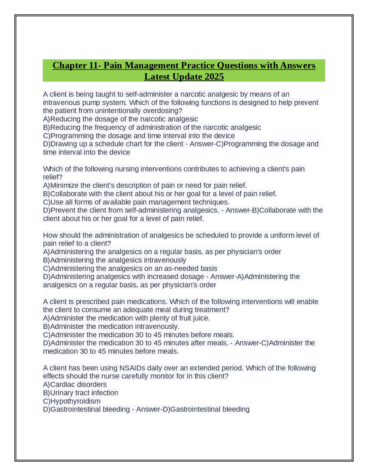Chapter 11- Pain Management Practice Questions with Answers Latest ...