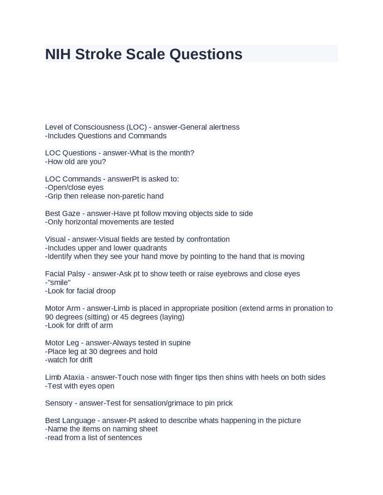 NIH Stroke Scale Questions and Answers 100% Solved | Exams Advanced ...