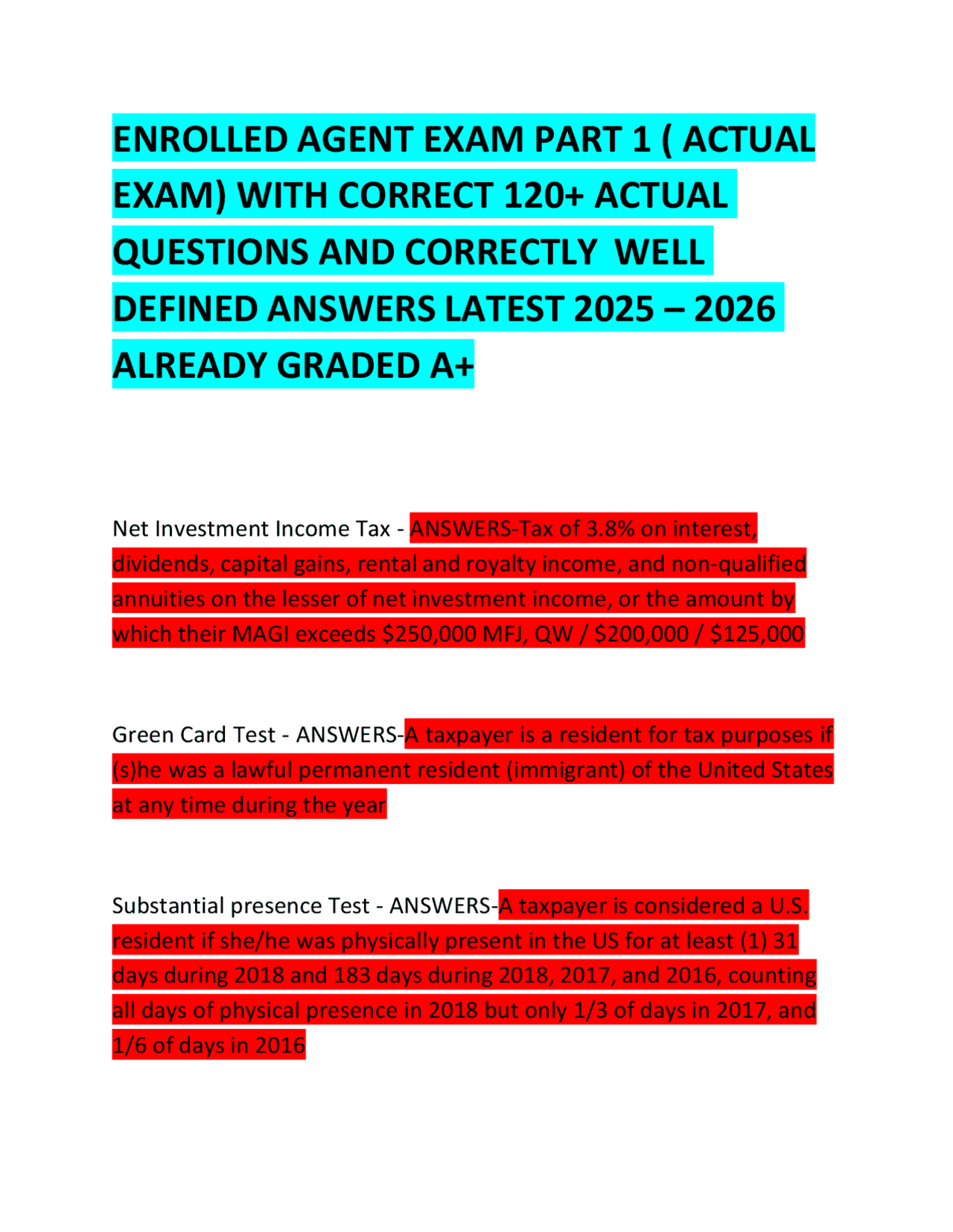 ENROLLED AGENT EXAM PART 1 ( ACTUAL EXAM) WITH CORRECT 120+ ACTUAL ...
