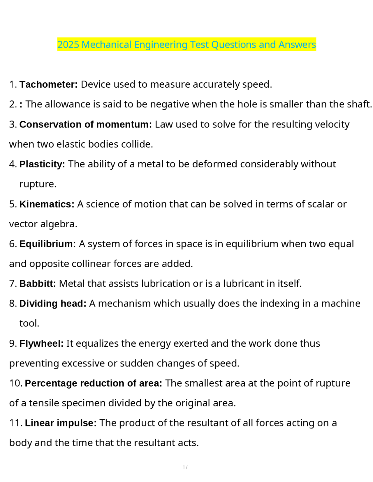 2025 Mechanical Engineering Test Questions and Answers | Exams ...