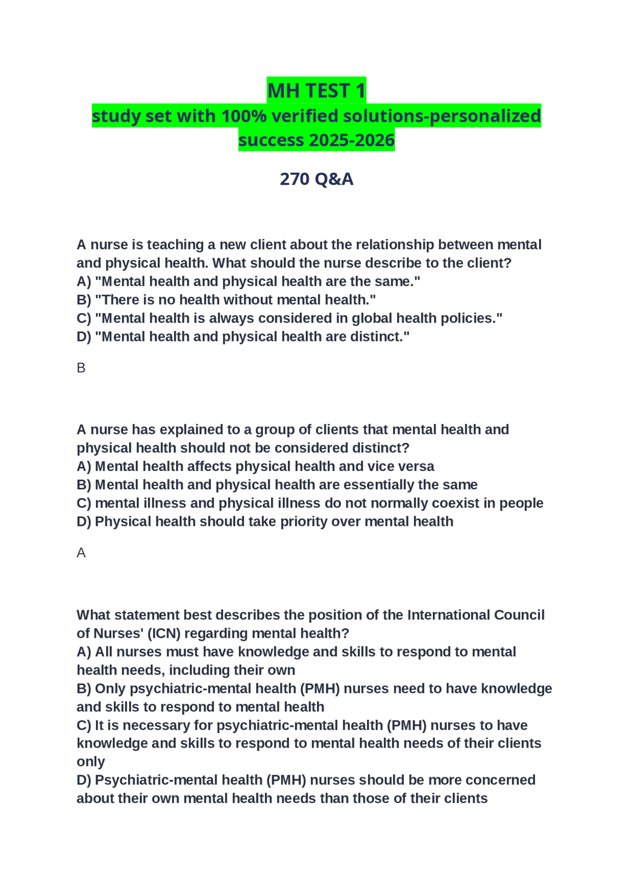 MH TEST 1 study set with 100% verified solutions-personalized success ...