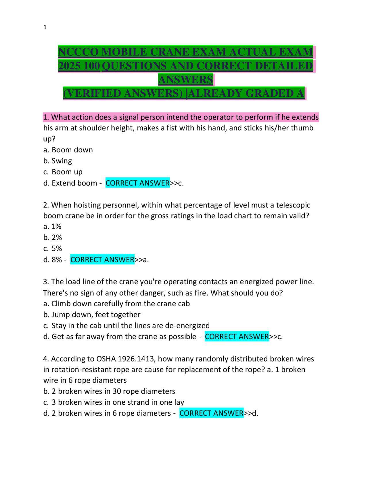 NCCCO Mobile Crane Exam: 100 Questions & Verified Answers | Exams Machine Learning | Docsity