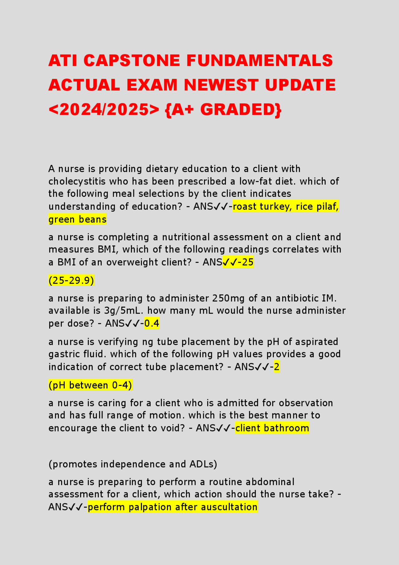 ATI CAPSTONE FUNDAMENTALS ACTUAL EXAM NEWEST UPDATE {A+ GRADED} | Exams ...