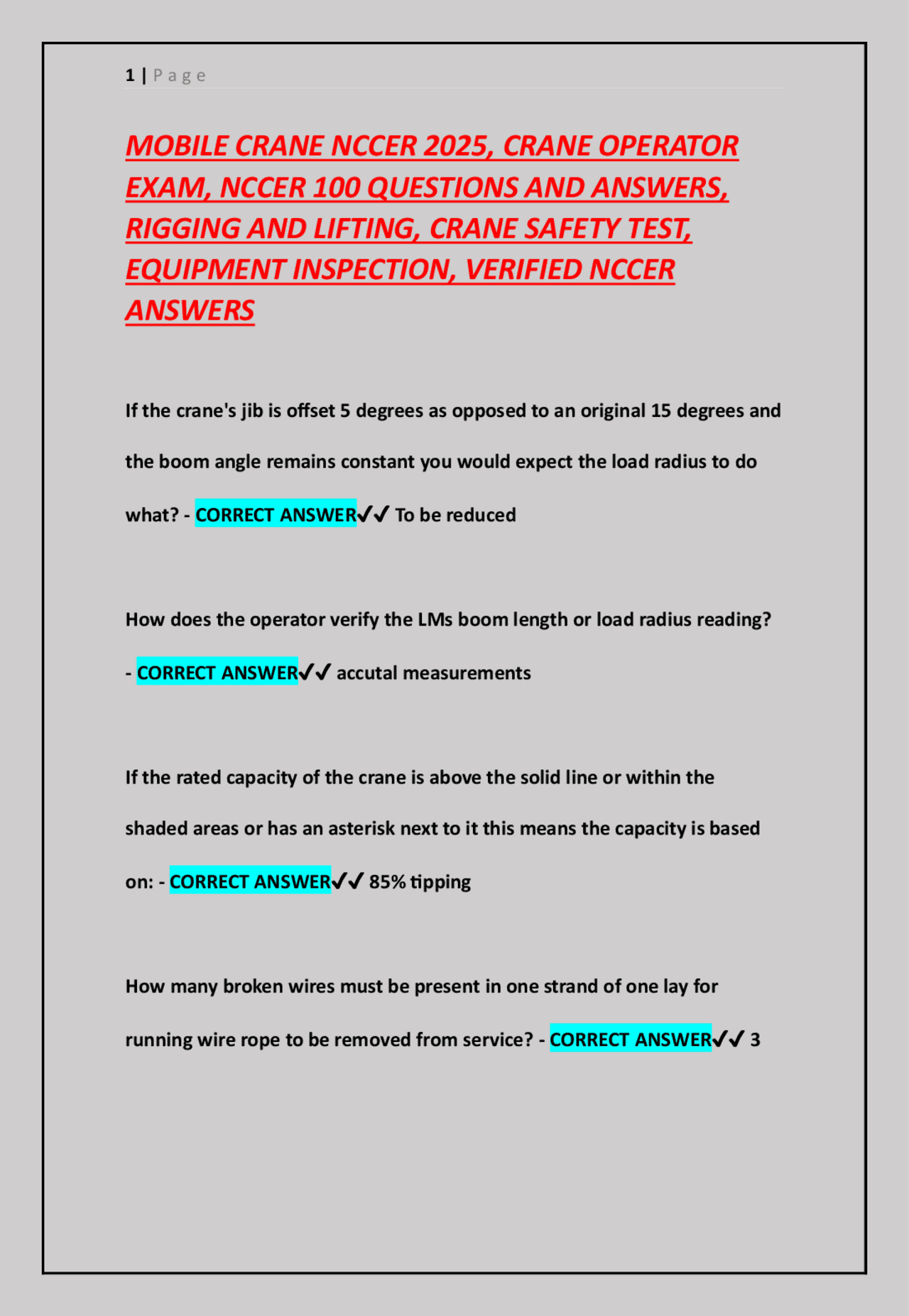 MOBILE CRANE NCCER 2025, CRANE OPERATOR EXAM, NCCER 100 QUESTIONS AND ...