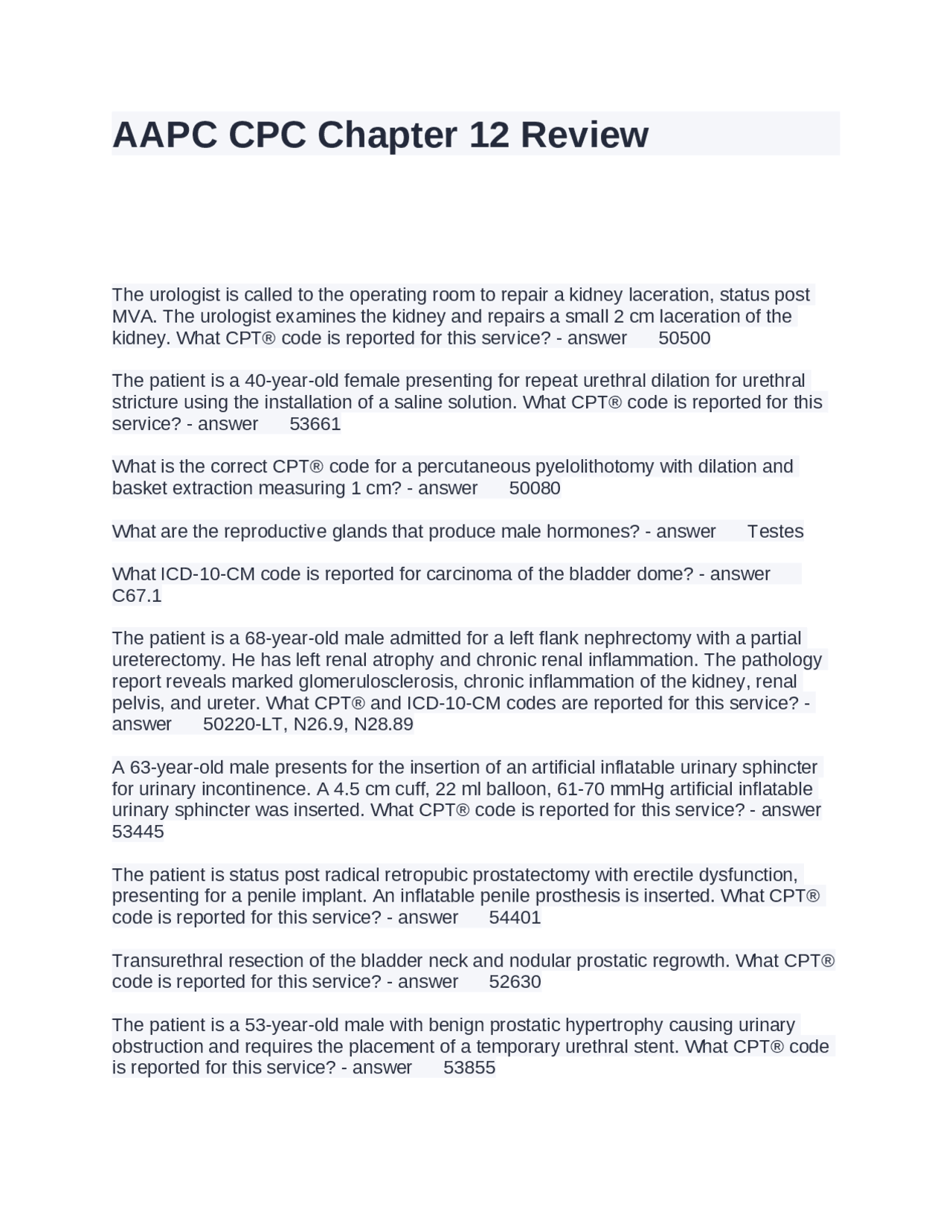 AAPC CPC Chapter 12 Review Questions and Answers Graded A+ | Exams ...