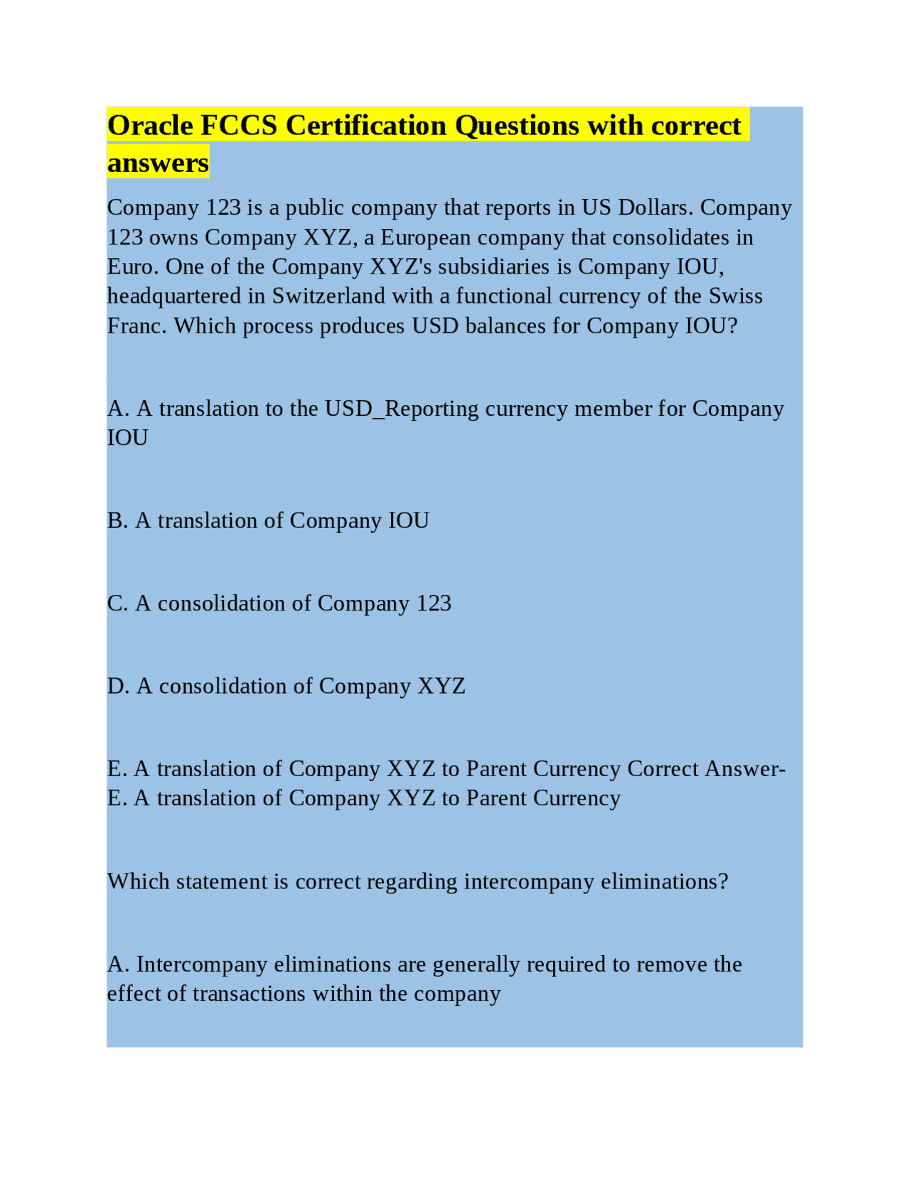 Oracle FCCS Certification Questions with correct answers | Exams ...