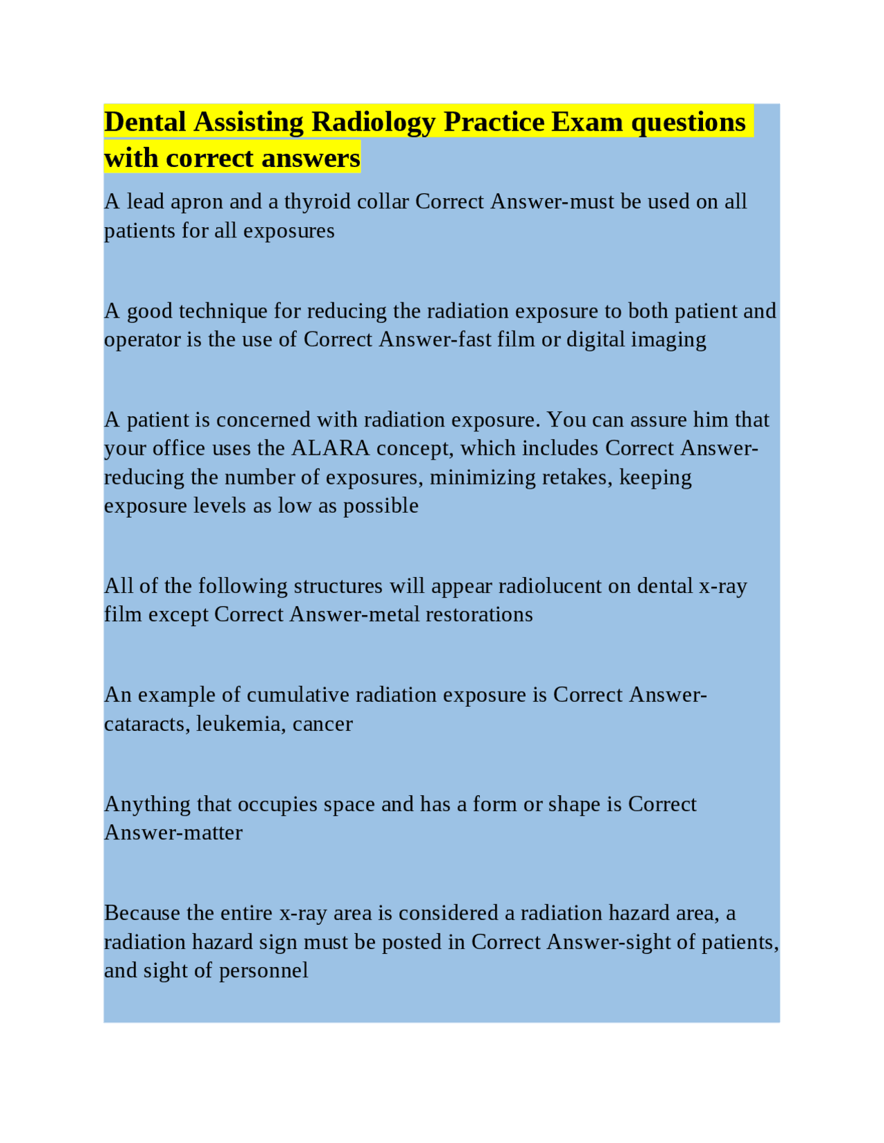 Dental Assisting Radiology Practice Exam questions with correct answers ...