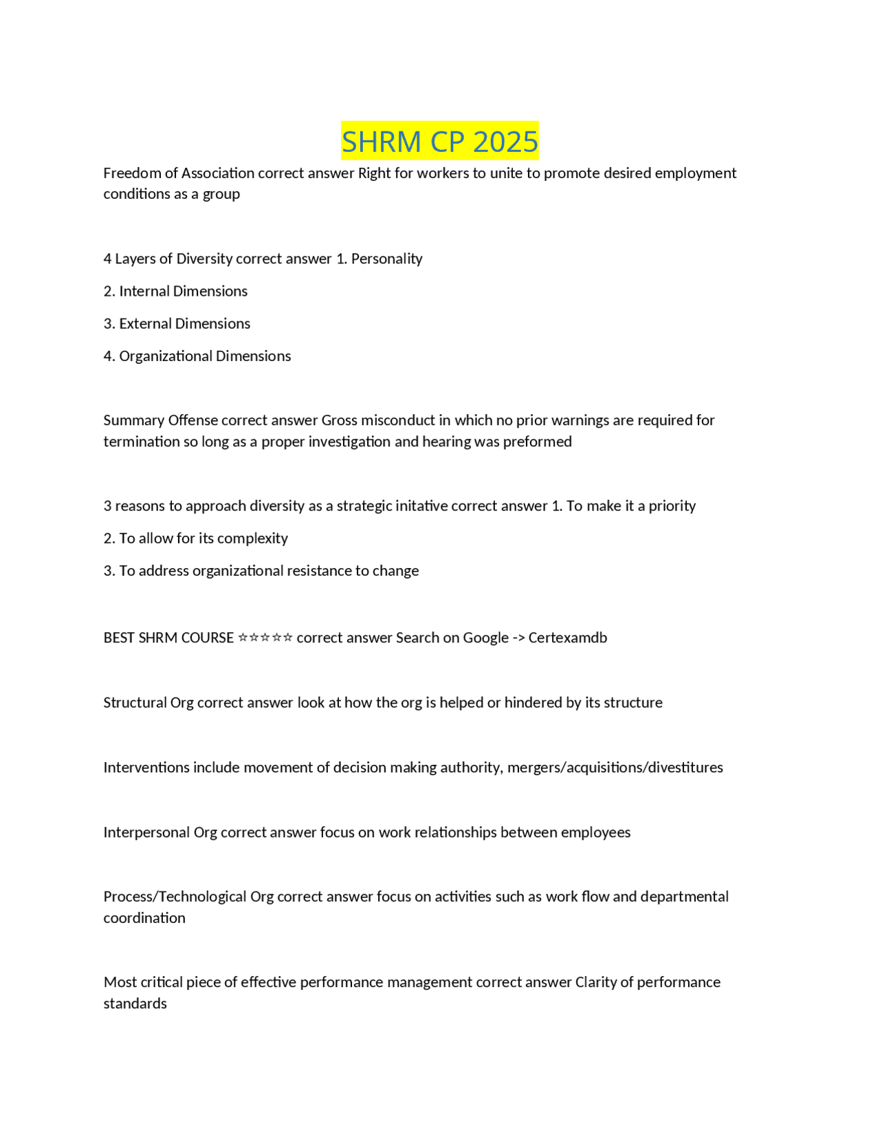 SHRM CP 2025 Examination Sample Questions | Exams Business ...