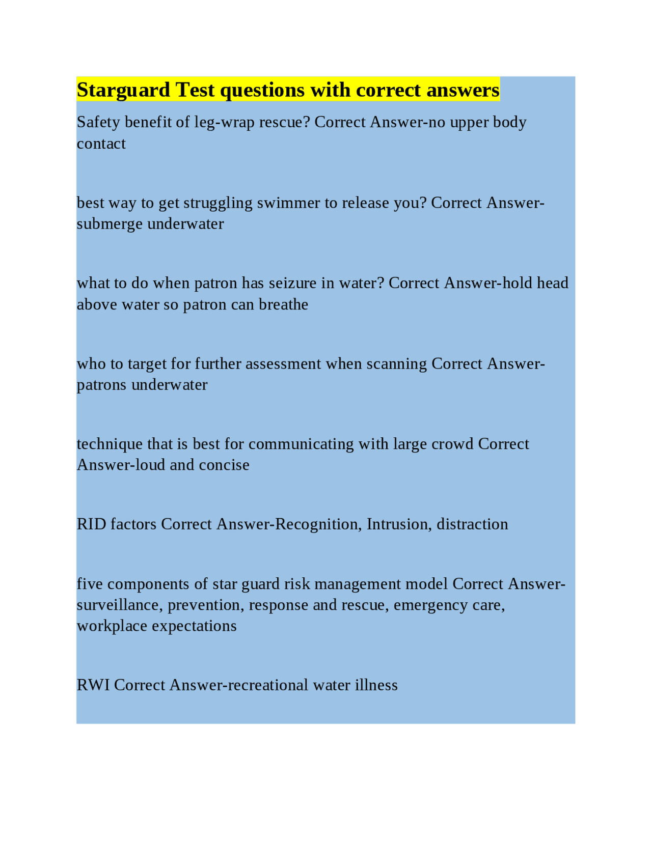 Starguard Lifeguard Certification: Practice Test Questions and Answers ...