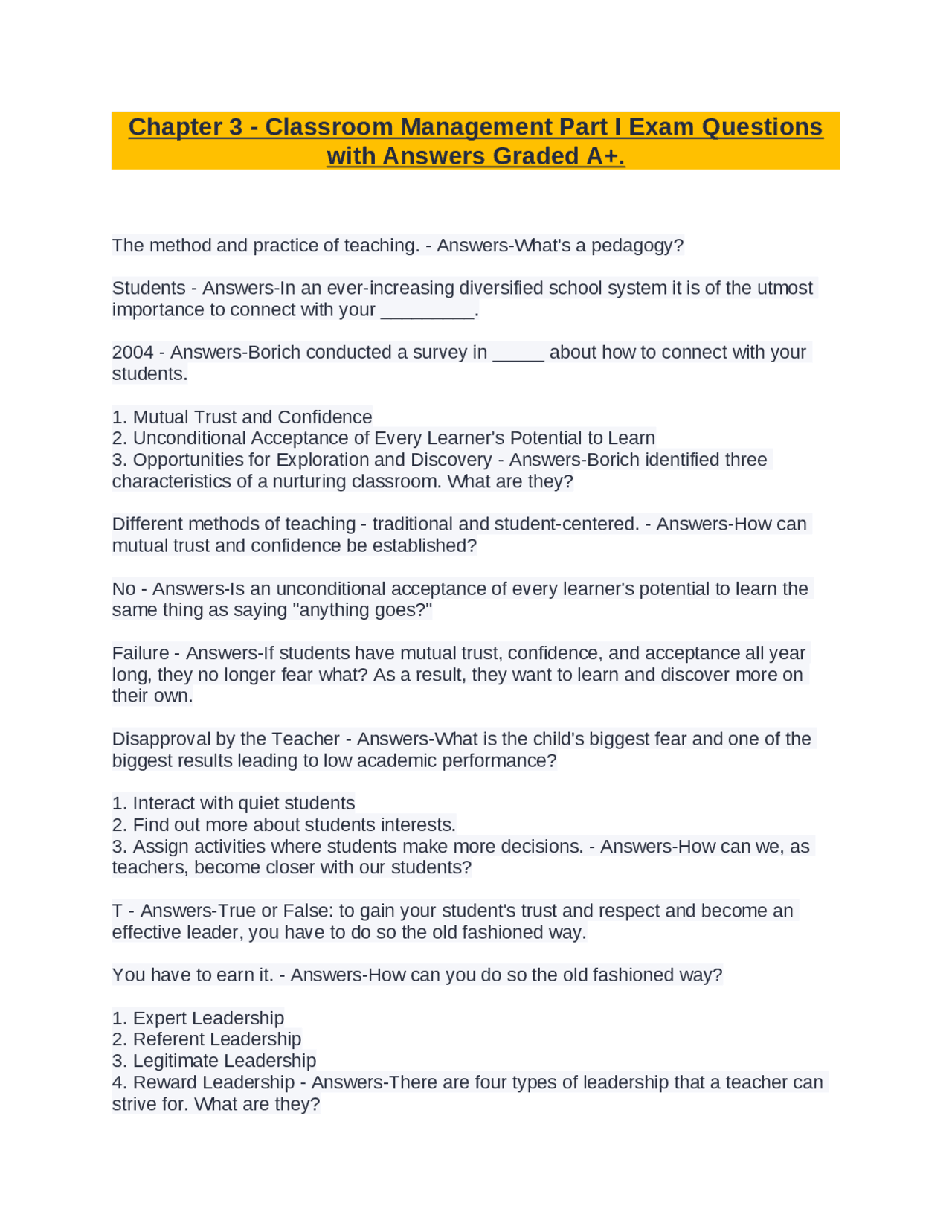 Chapter 3 - Classroom Management Part I Exam Questions with Answers Graded A+. | Exams Nursing ...