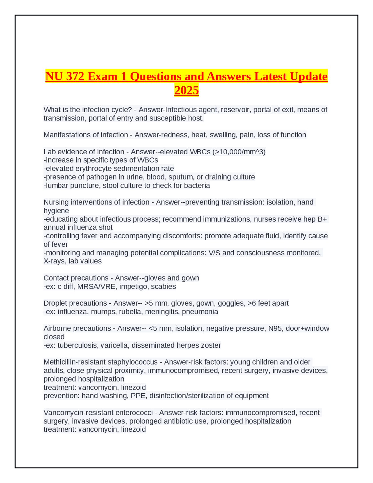 NU 372 Exam 1 Questions and Answers Latest Update 2025 | Exams Nursing ...