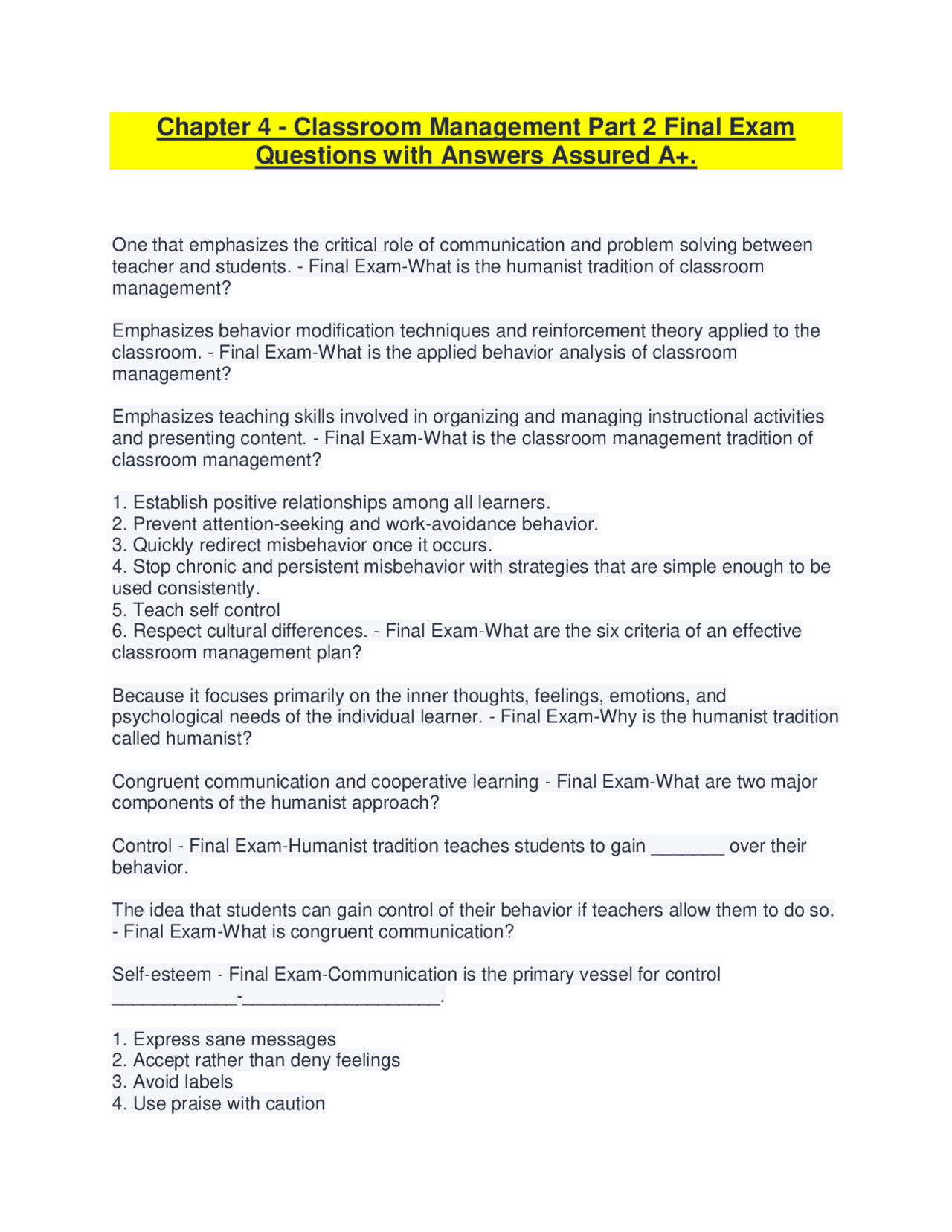 Chapter 4 - Classroom Management Part 2 Final Exam Questions with ...