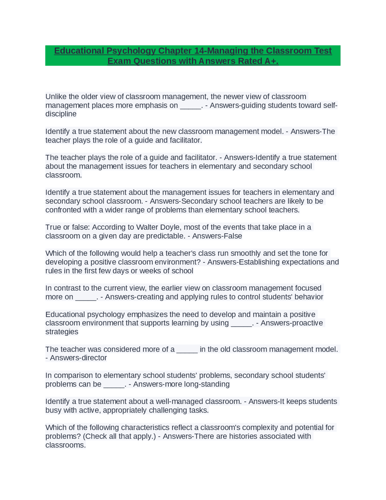 Educational Psychology Chapter 14-Managing the Classroom Test Exam ...