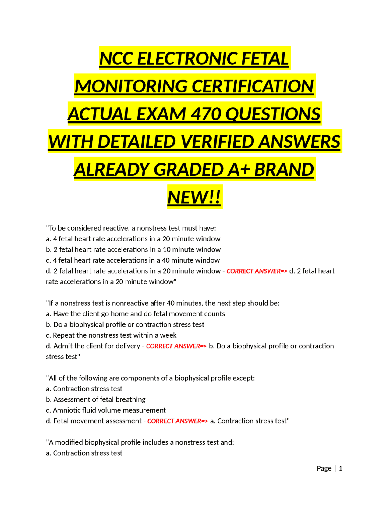 NCC ELECTRONIC FETAL MONITORING CERTIFICATION ACTUAL EXAM 470 QUESTIONS ...