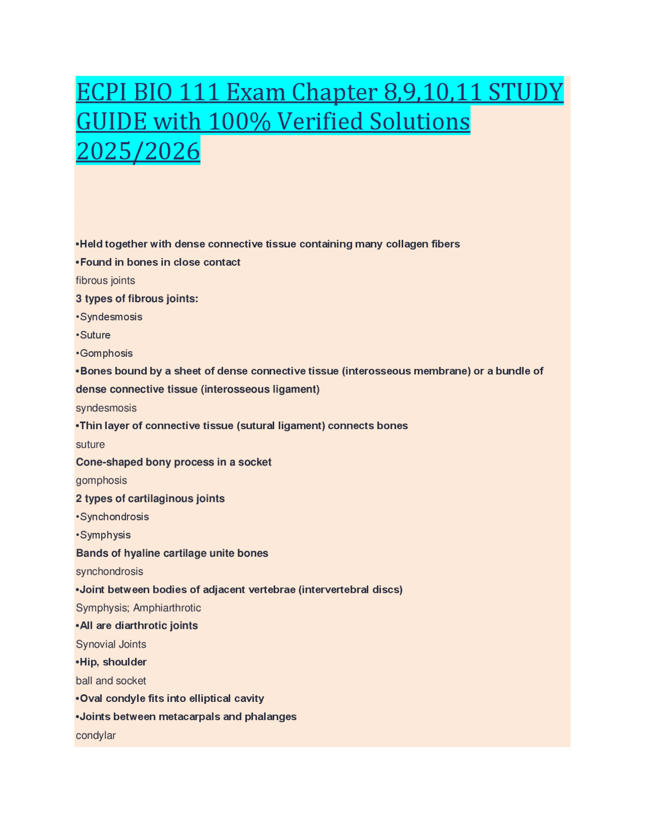 ECPI BIO 111 Exam Chapter 8,9,10,11 STUDY GUIDE with 100% Verified Solutions 2025/2026 | Exams ...
