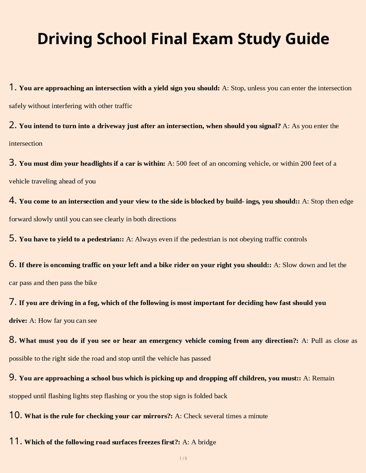Driving School Final Exam Study Guide | Exams Traffic Control and ...